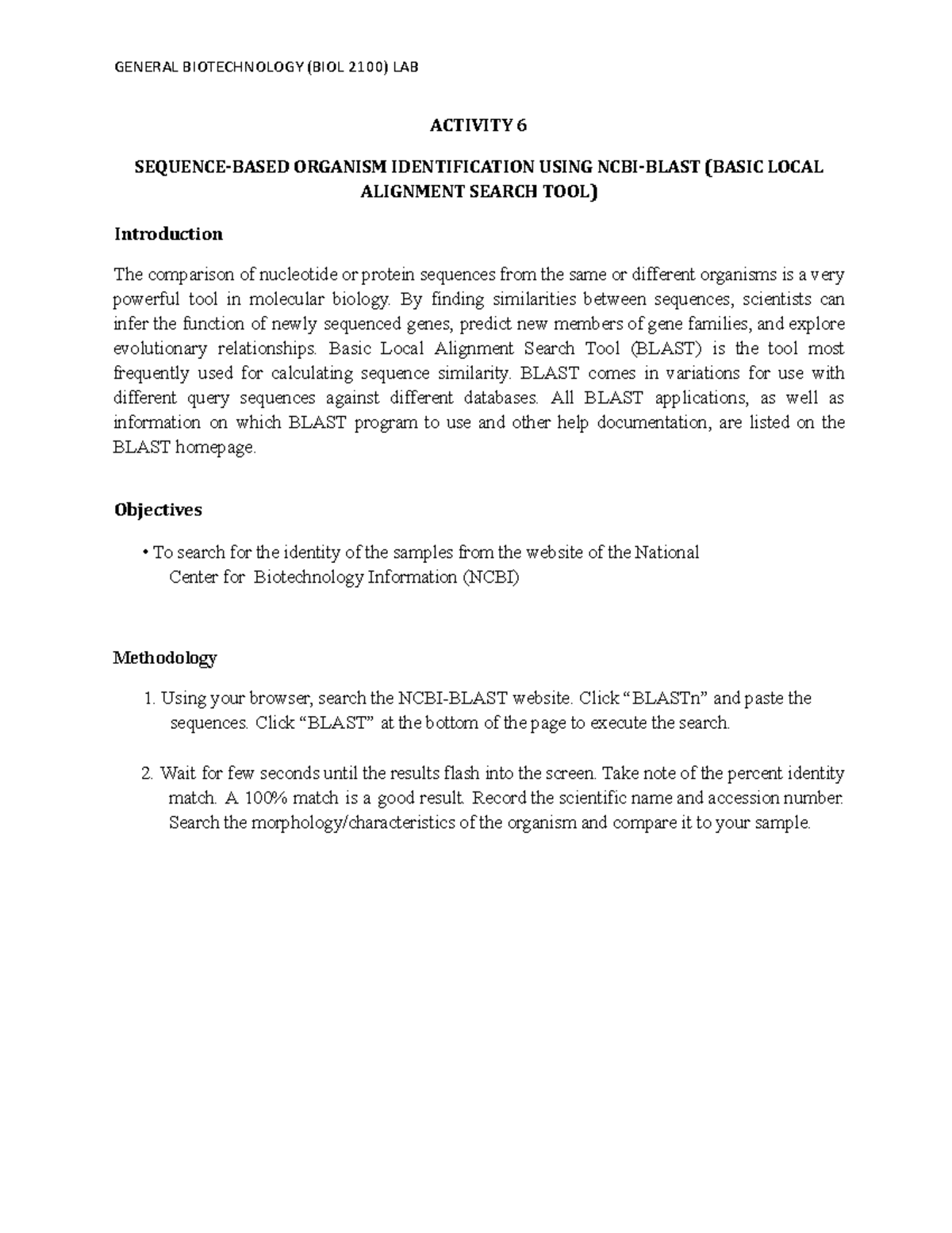 BIOL2100 Act6 Sequence-Based Organism Identification Using NCBI- Blast ...