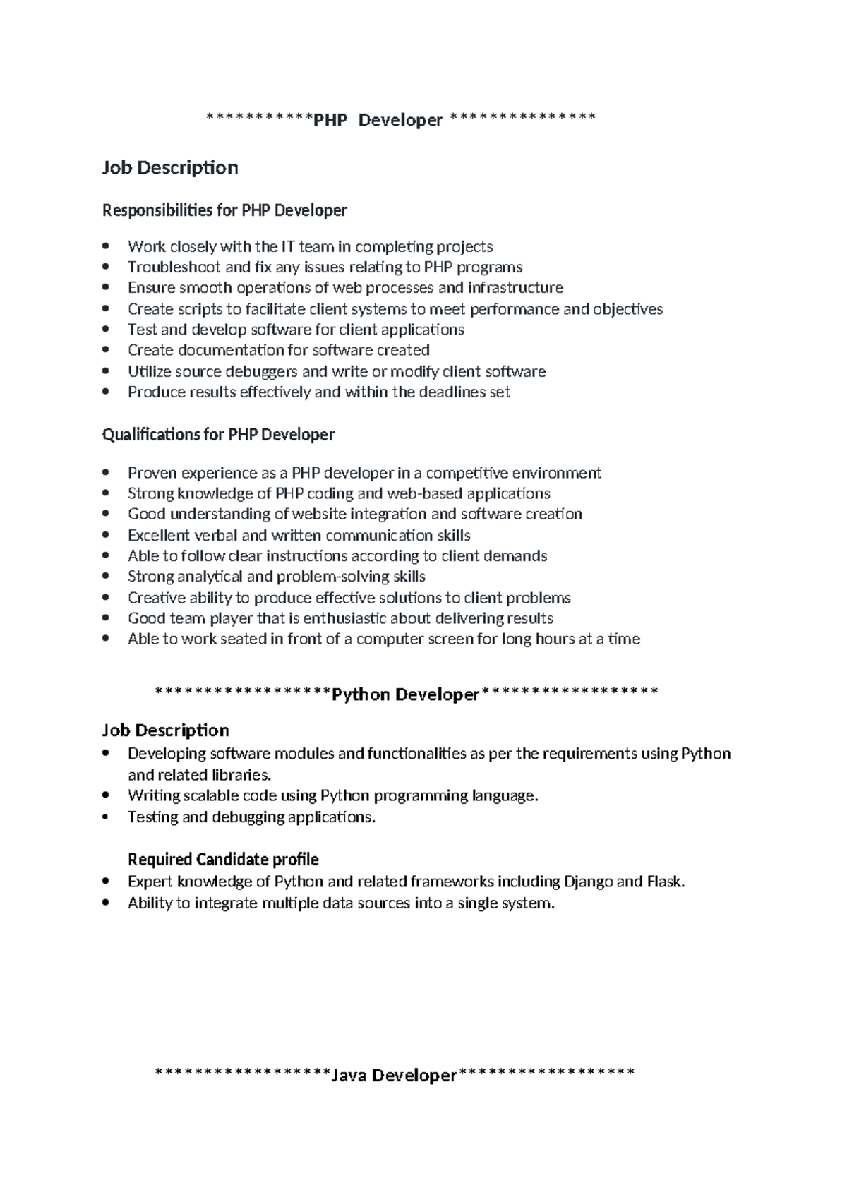 Job description - ***********PHP Developer *************** Job Description Responsibilities for ...