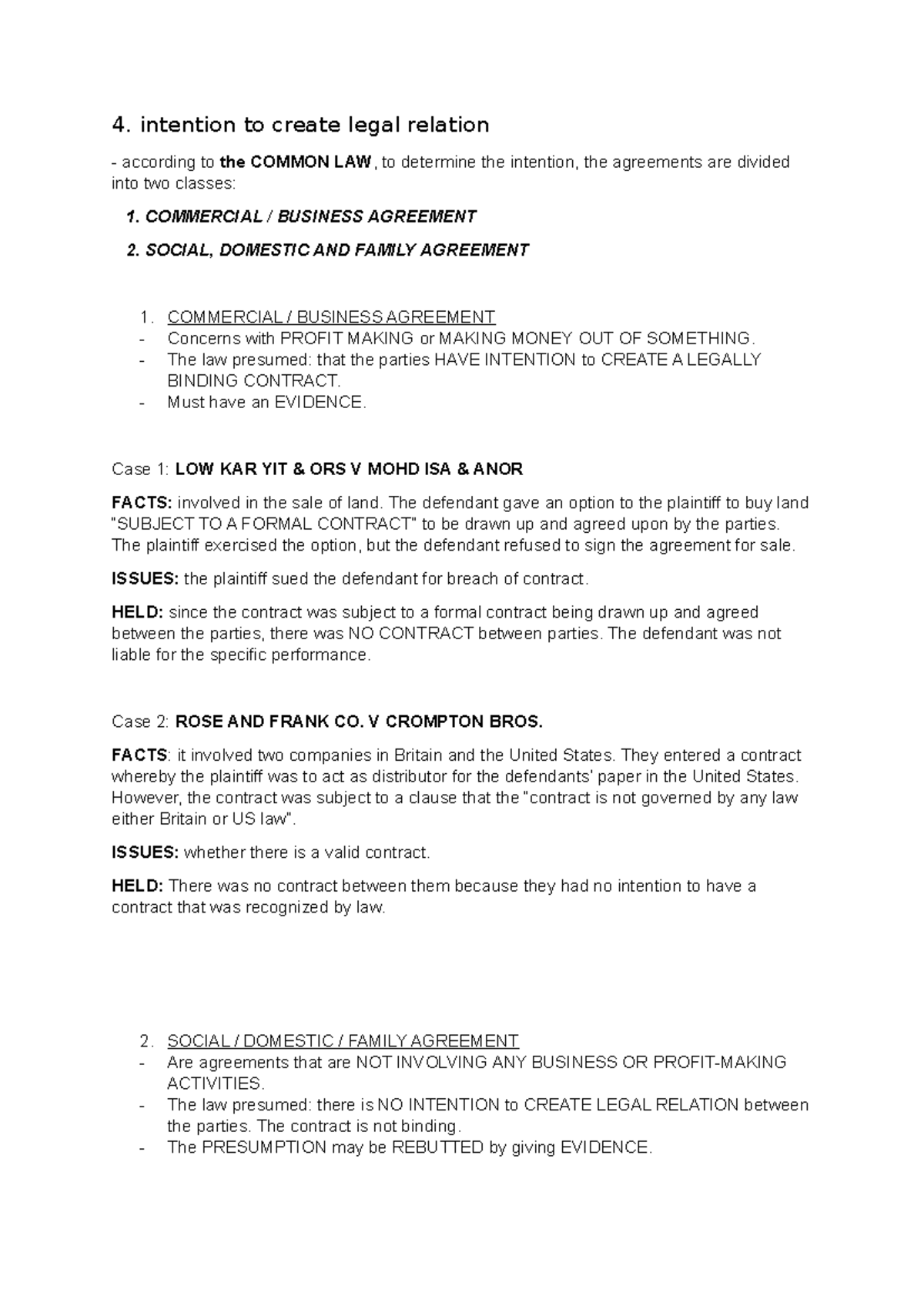 LAW OF Contract ( Legal Relation) - 4. intention to create legal ...