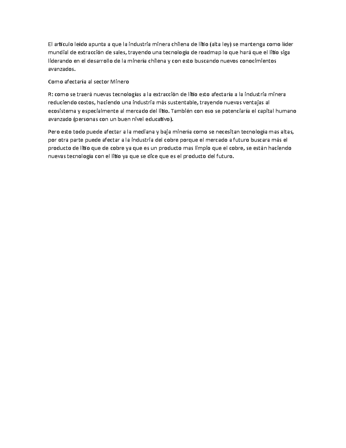 Litio - sdasdasdas - El articulo leído apunta a que la industria minera ...
