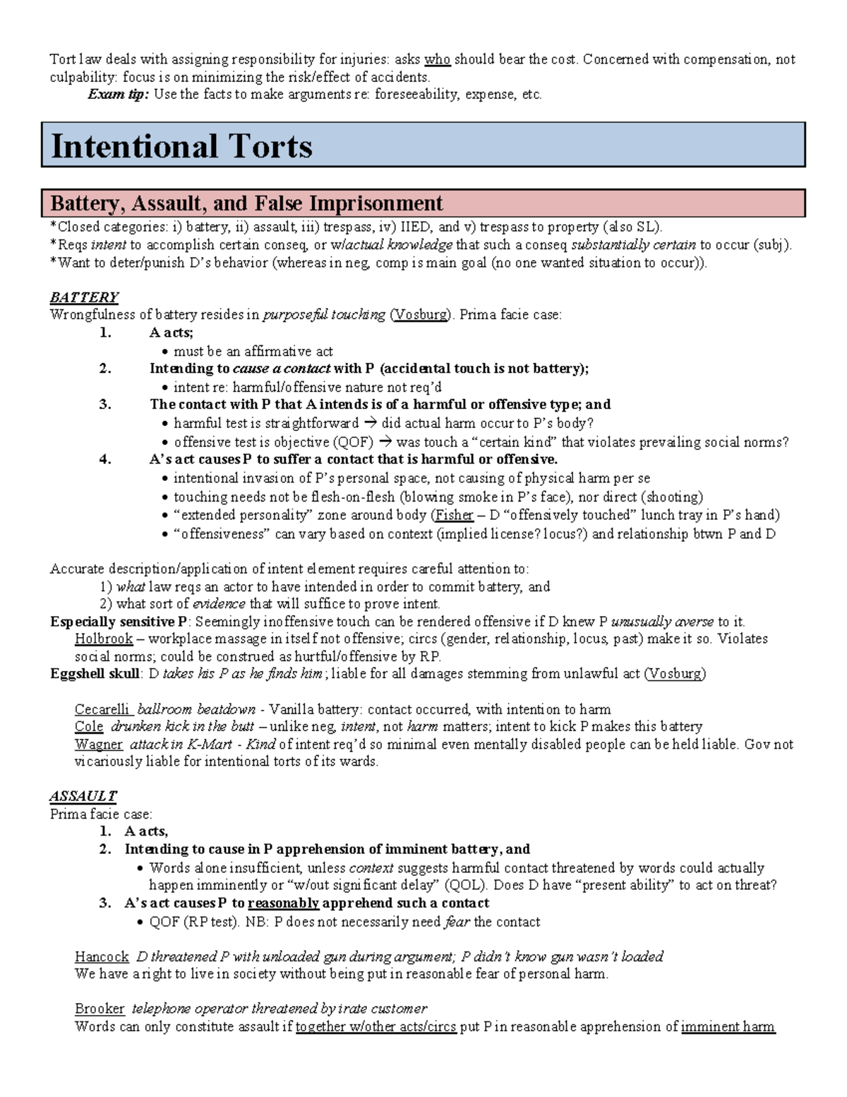 Torts Outline 2 - Tort law deals with assigning responsibility for ...