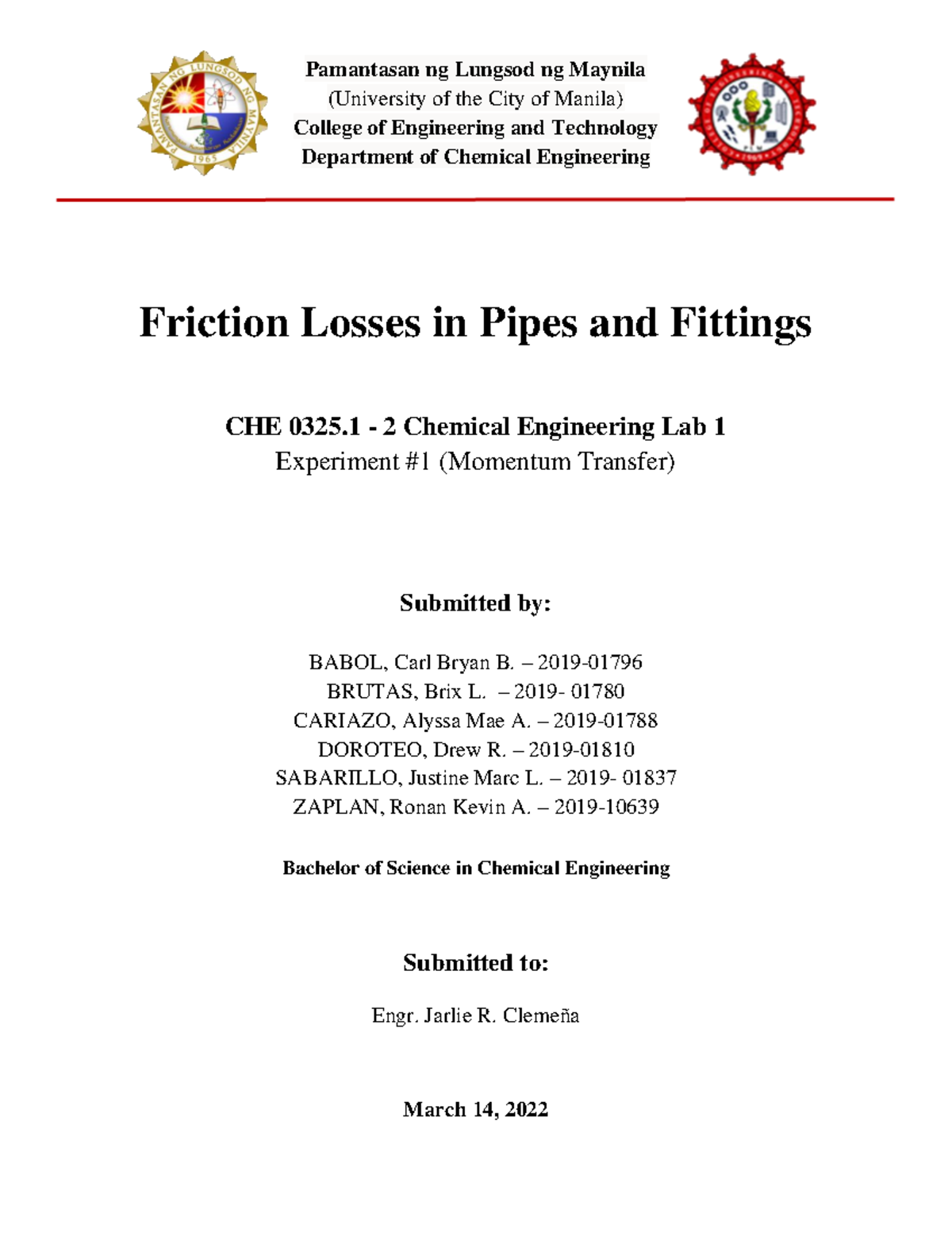 Experiment 1 Friction Losses From Pipes And Fittings
