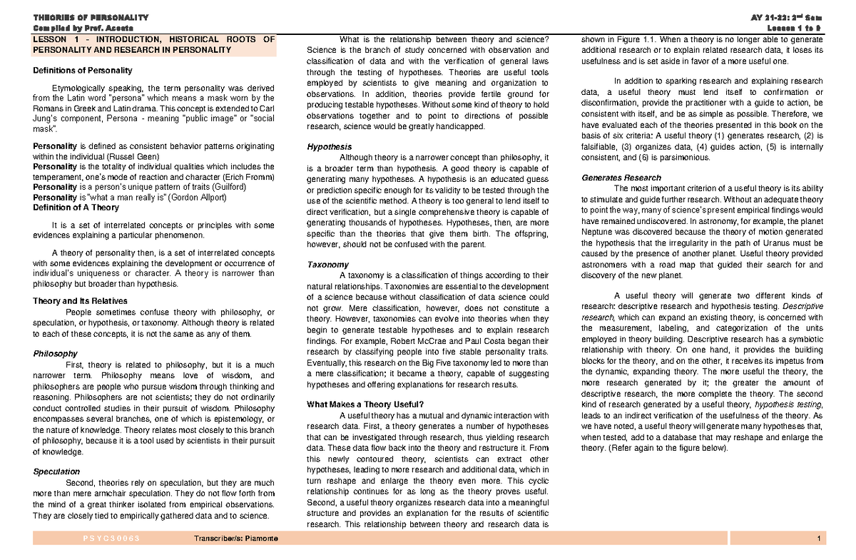 TOP Lesson 1-9 - Psychology notes - Compiled by Prof. Acosta Lesson 1 ...