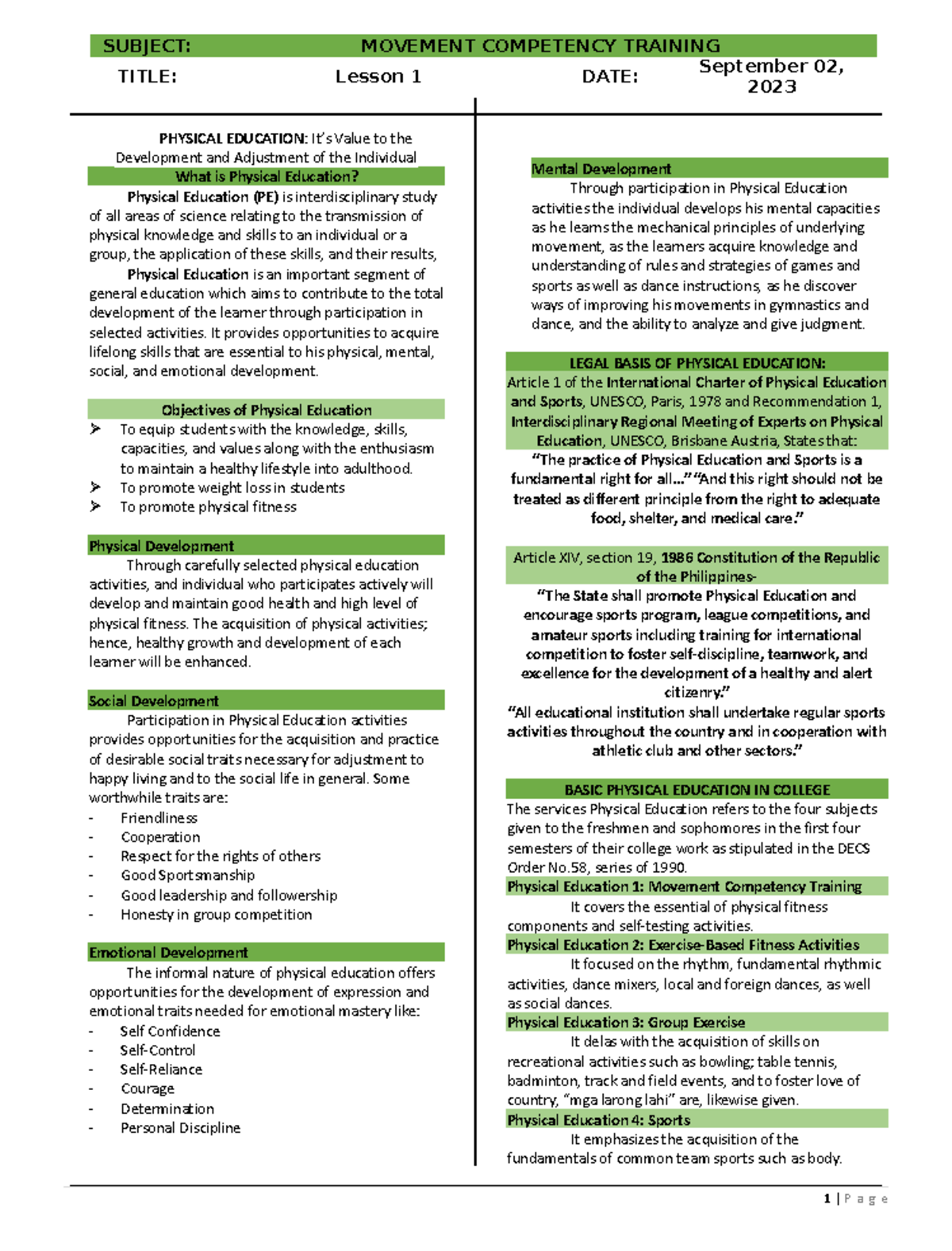 MCT-Lesson 1 - PE NOTES - TITLE: Lesson 1 DATE: September 02, 2023 ...