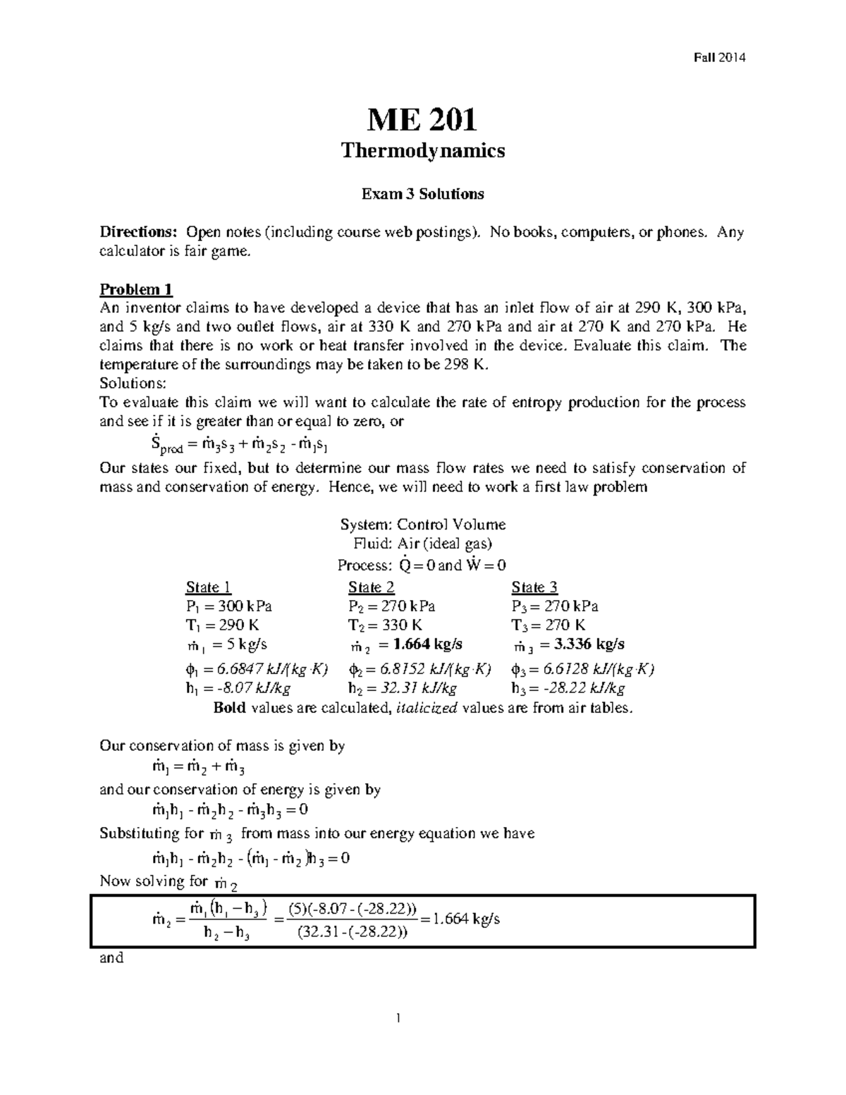 Exam3s - practice - Fall 2014 ME 201 Thermodynamics Exam 3 Solutions ...