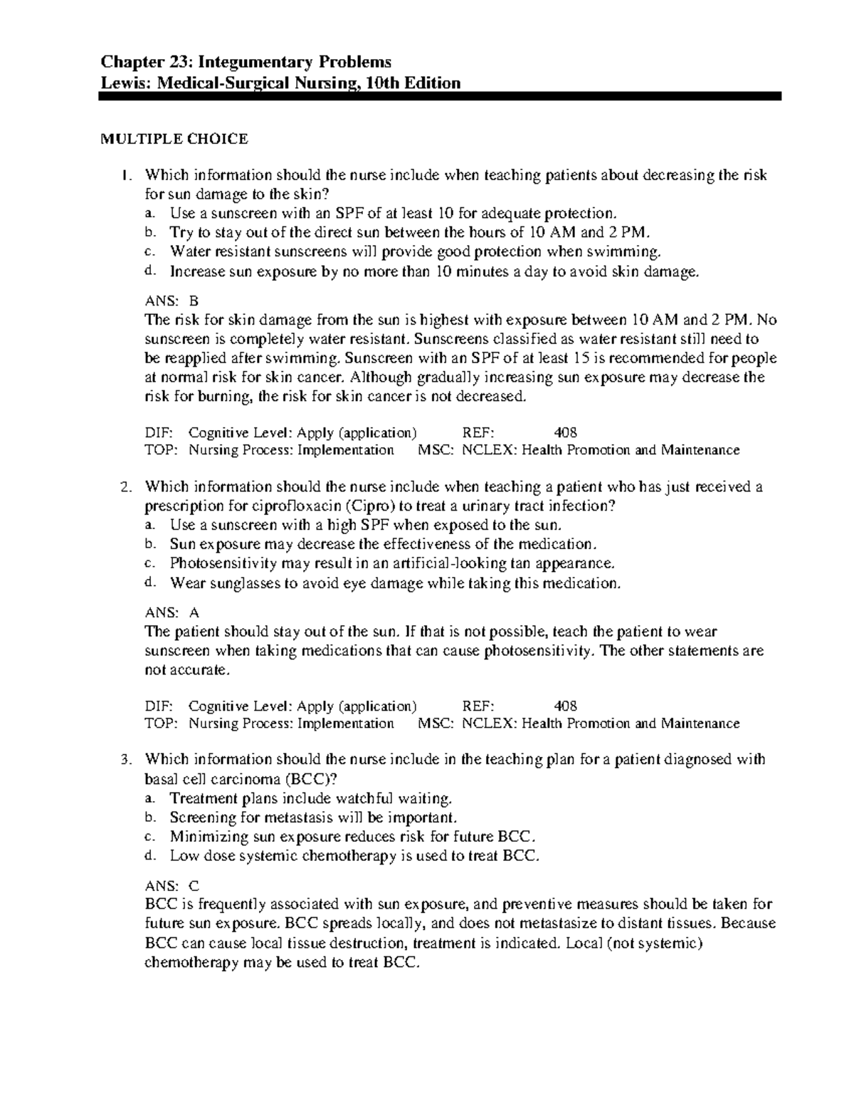C23 - Bank chapter 23 - Chapter 23: Integumentary Problems Lewis: Medical-Surgical Nursing, 10th ...