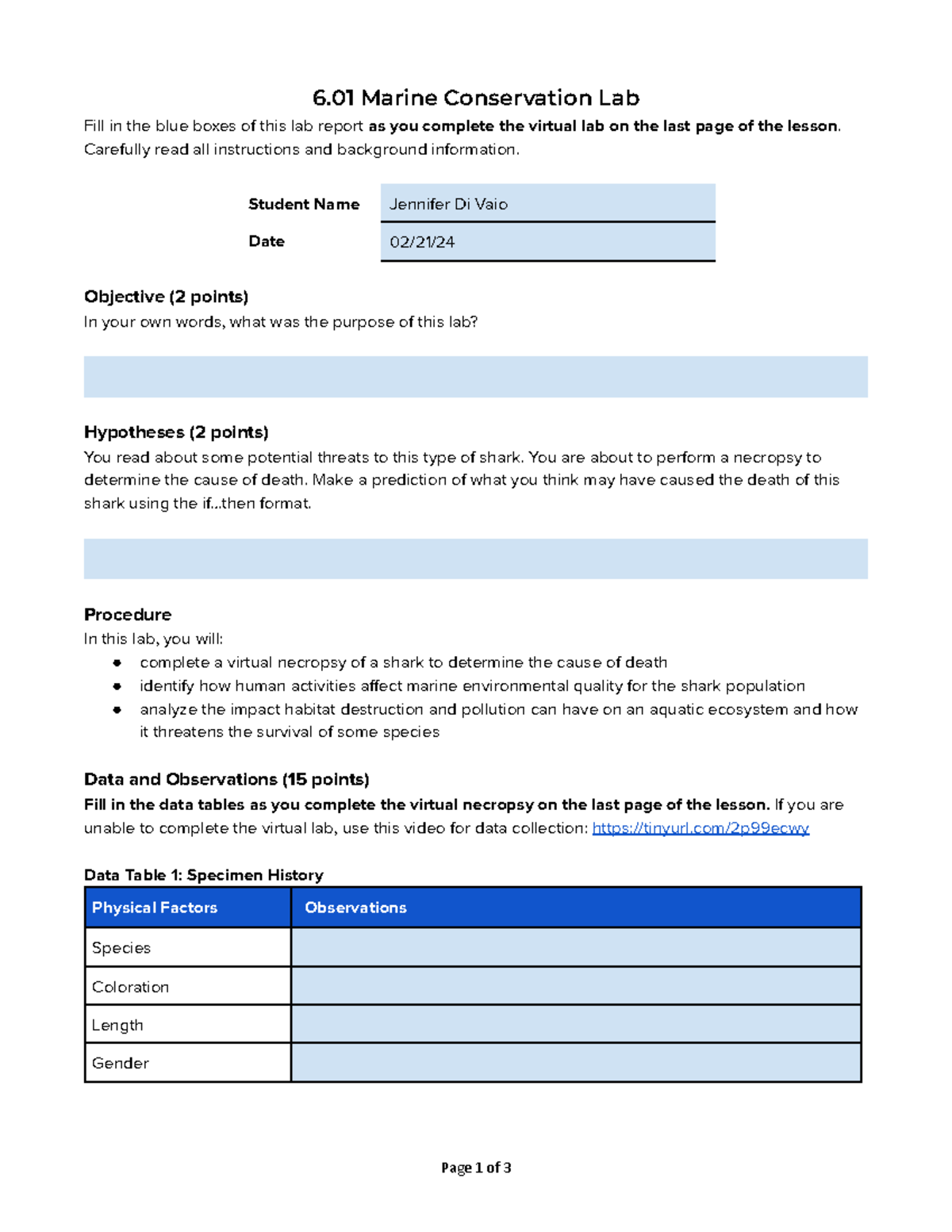 Copia di 6.01 Lab Report Template Rev 2022 - 6 Marine Conservation Lab ...