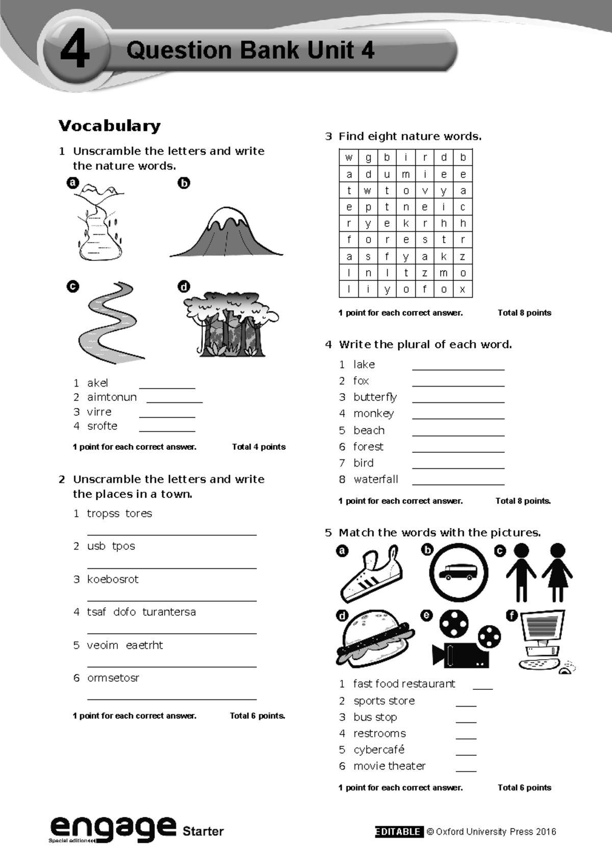 Engage Starter Unit 4 Question Bank - 4 Question Bank Unit 4 Vocabulary 1 Unscramble the letters ...