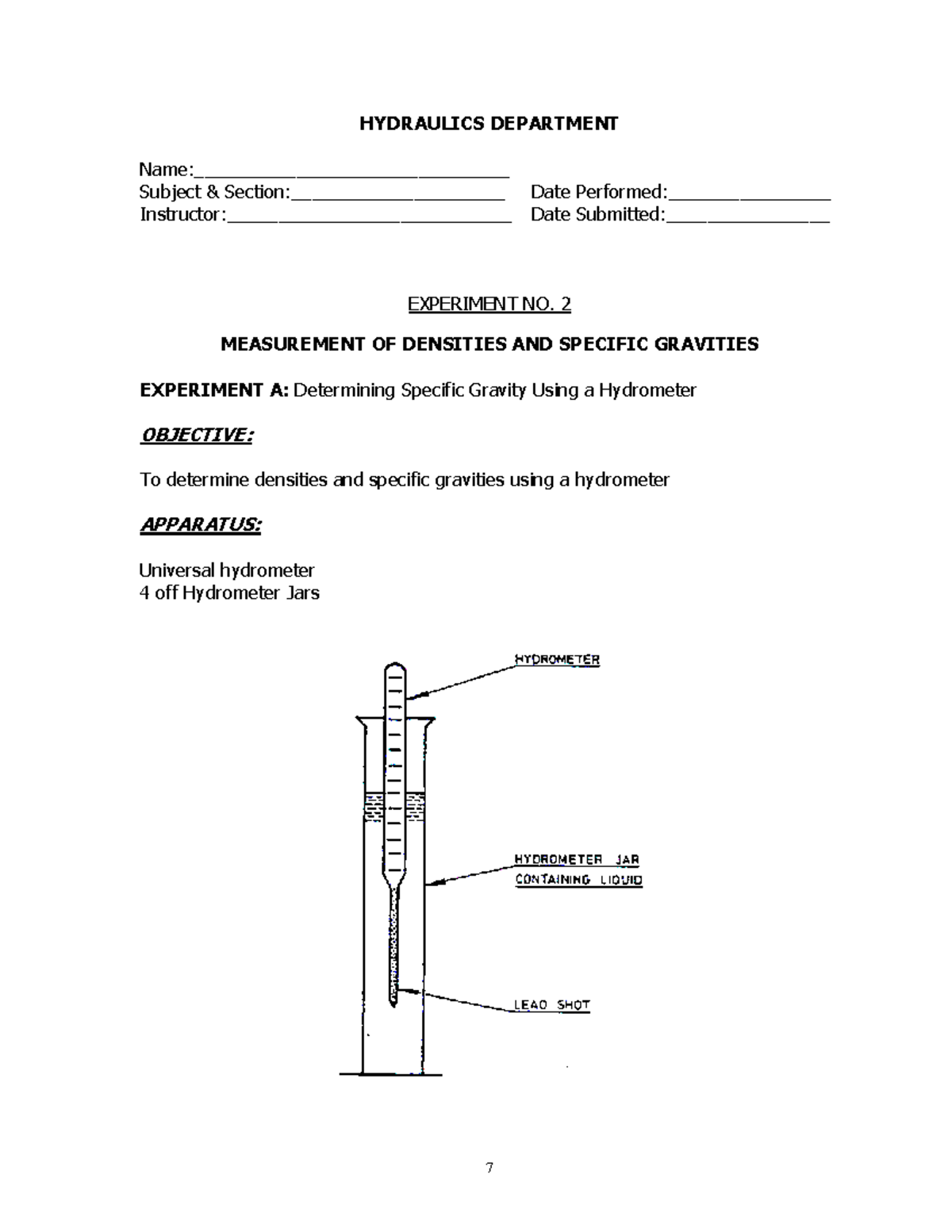 Experiment # 2 Measurement OF Densities AND Specific Gravities ...