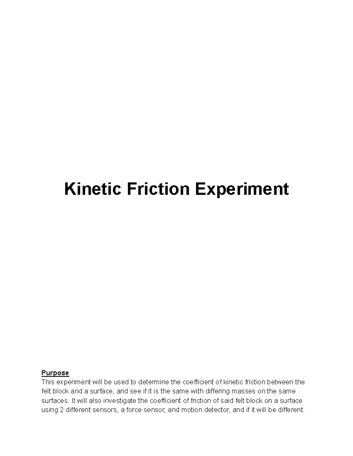 Copy of Kinetic Friction Lab - Kinetic Friction Experiment Purpose This ...