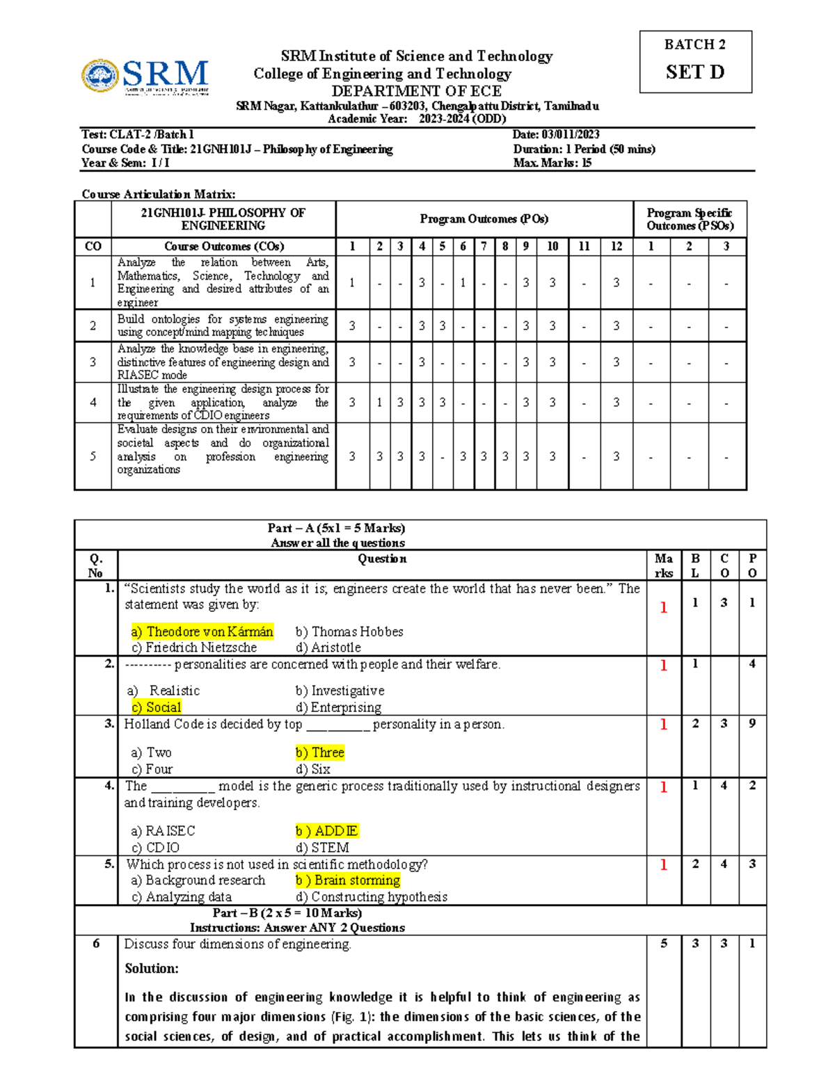 Ct2 Poe Set D Solution Srm Institute Of Science And Technology College Of Engineering And