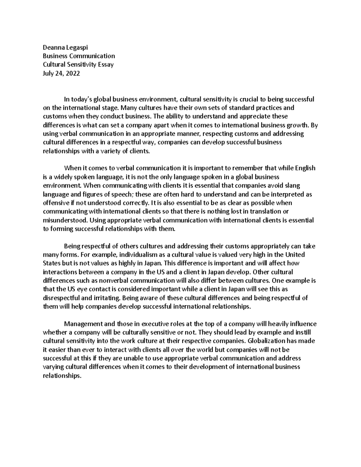 Cultural Sensitivty Essay - Deanna Legaspi Business Communication ...