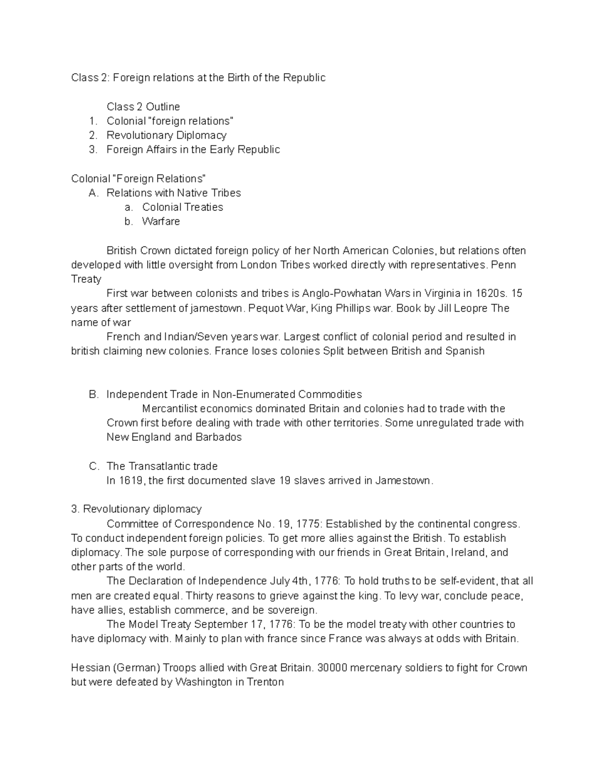 US Diplomacy history notes - Class 2: Foreign relations at the Birth of ...