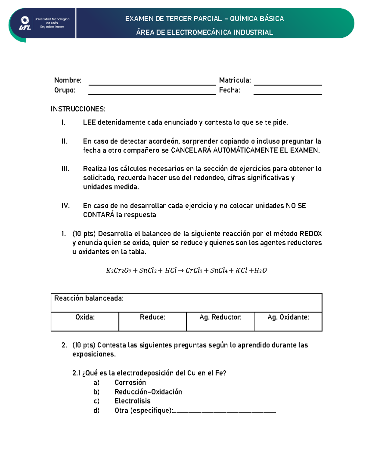 Examen Tercer Parcial SD23 - EXAMEN DE TERCER PARCIAL – QUÍMICA BÁSICA ÁREA DE ELECTROMECÁNICA ...