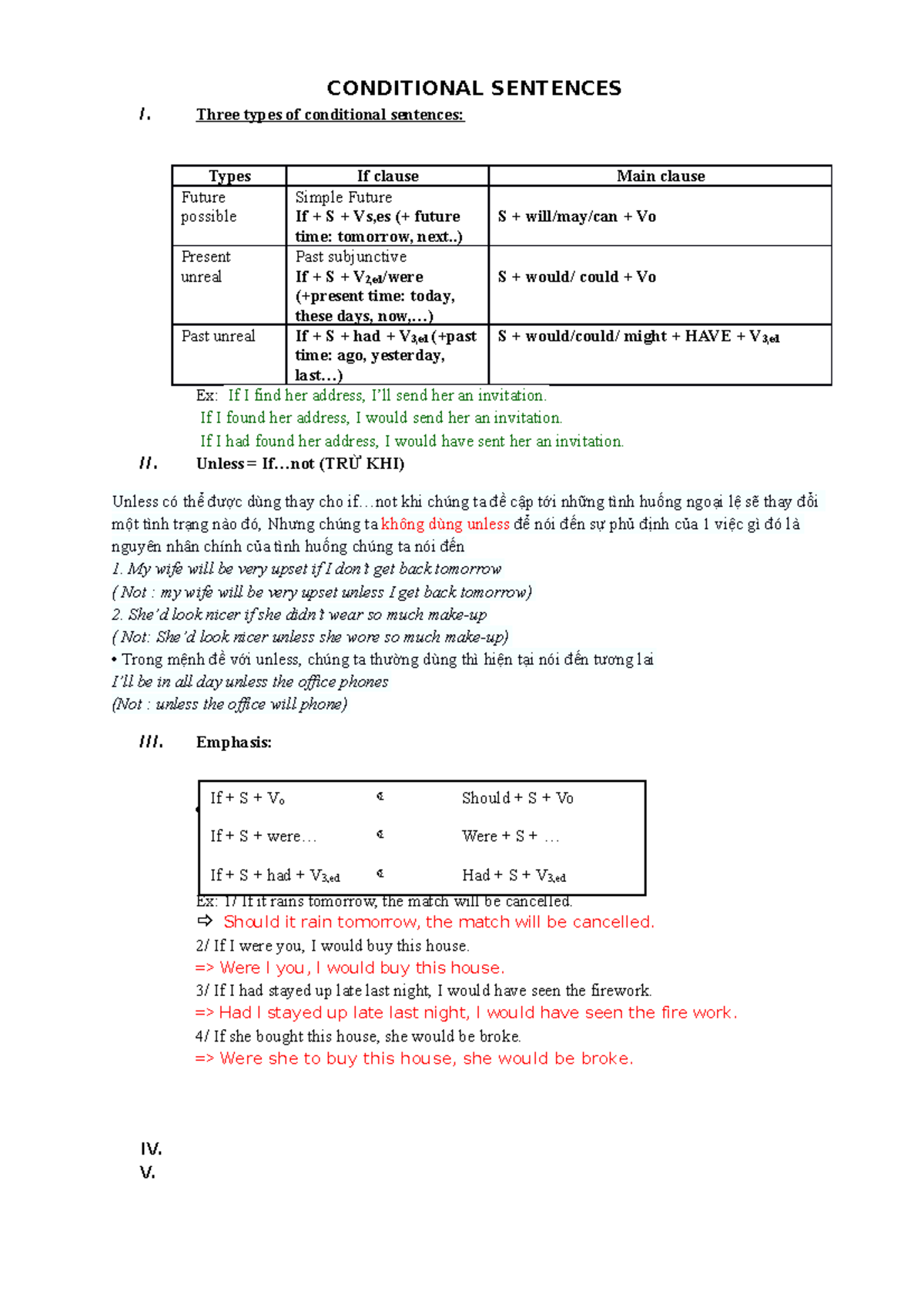 Conditional Sentences lý thuyết - CONDITIONAL SENTENCES I. Three types ...