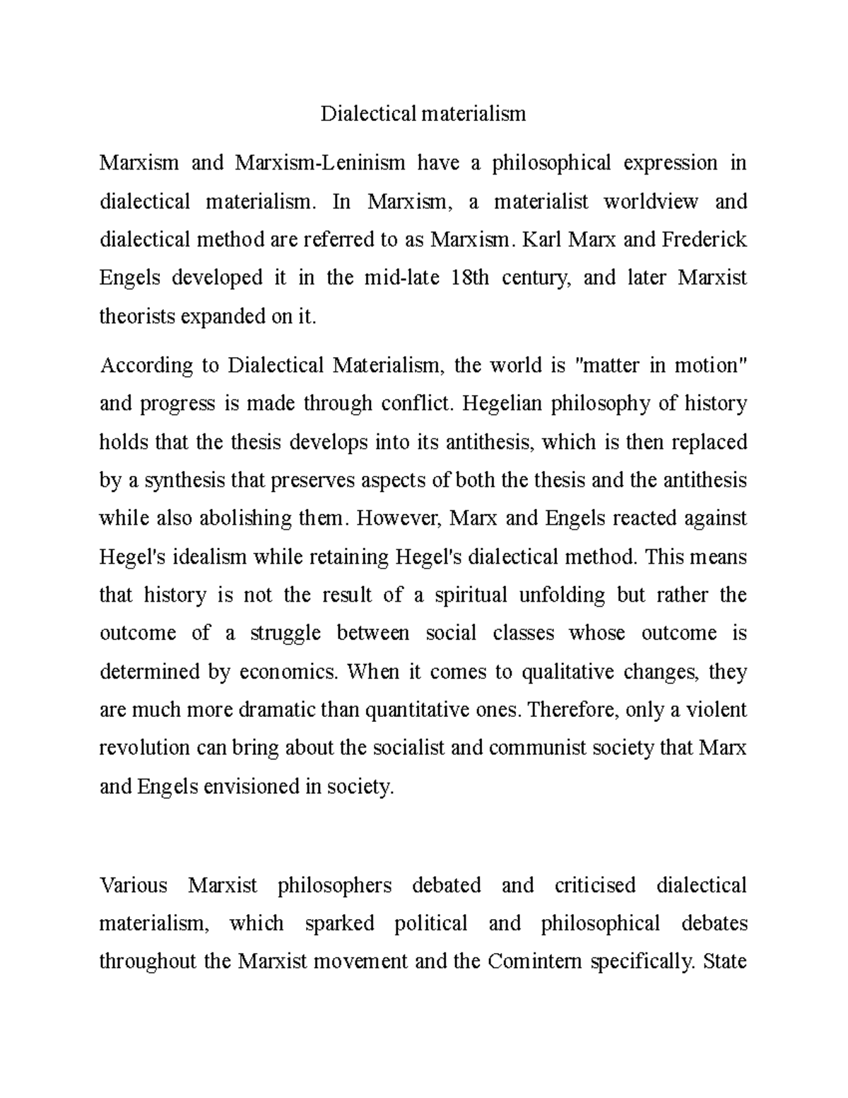 Dialectical Materialism - Modern Western Philosophy - AMU - Studocu