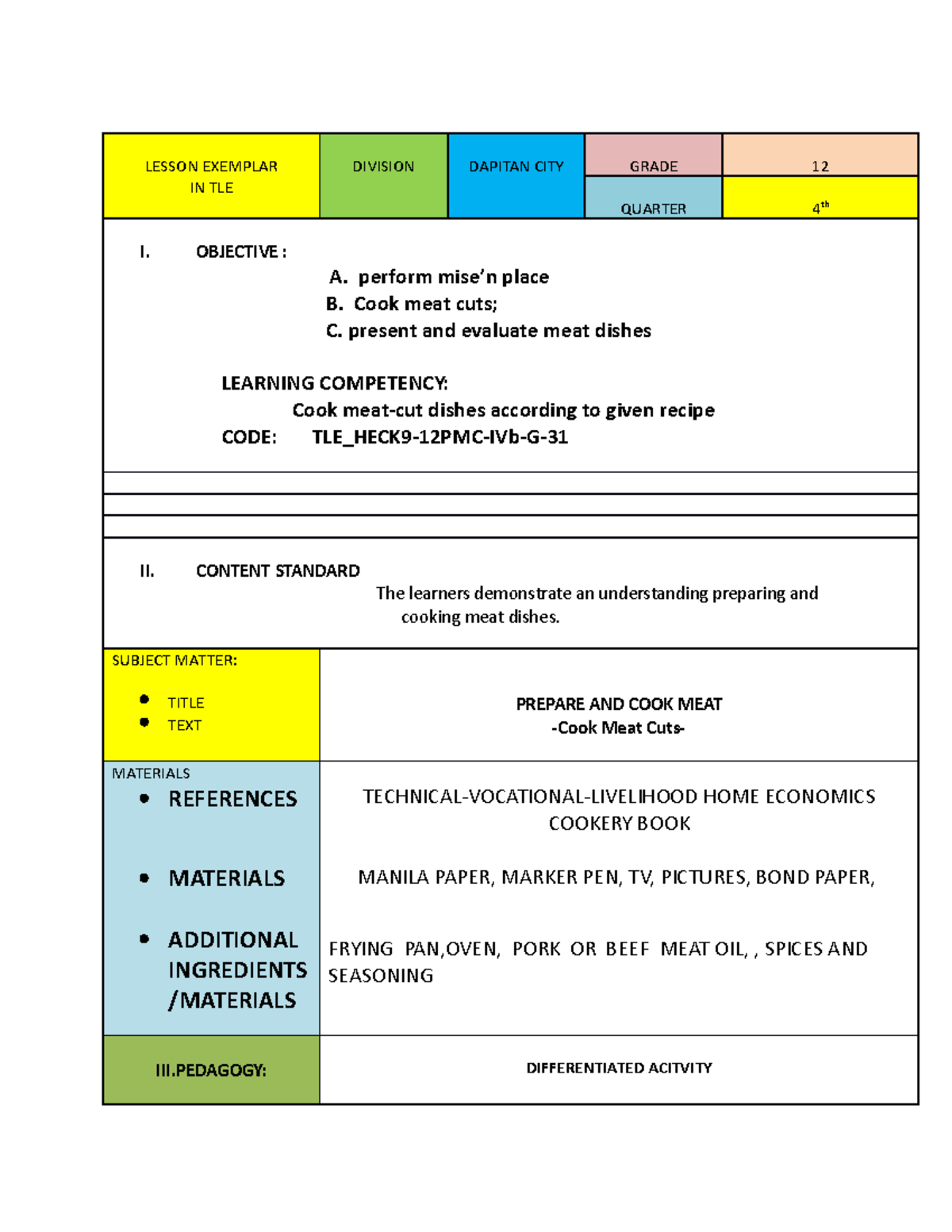 435376077 Lesson plan Tle12 Cookery - LESSON EXEMPLAR IN TLE DIVISION ...