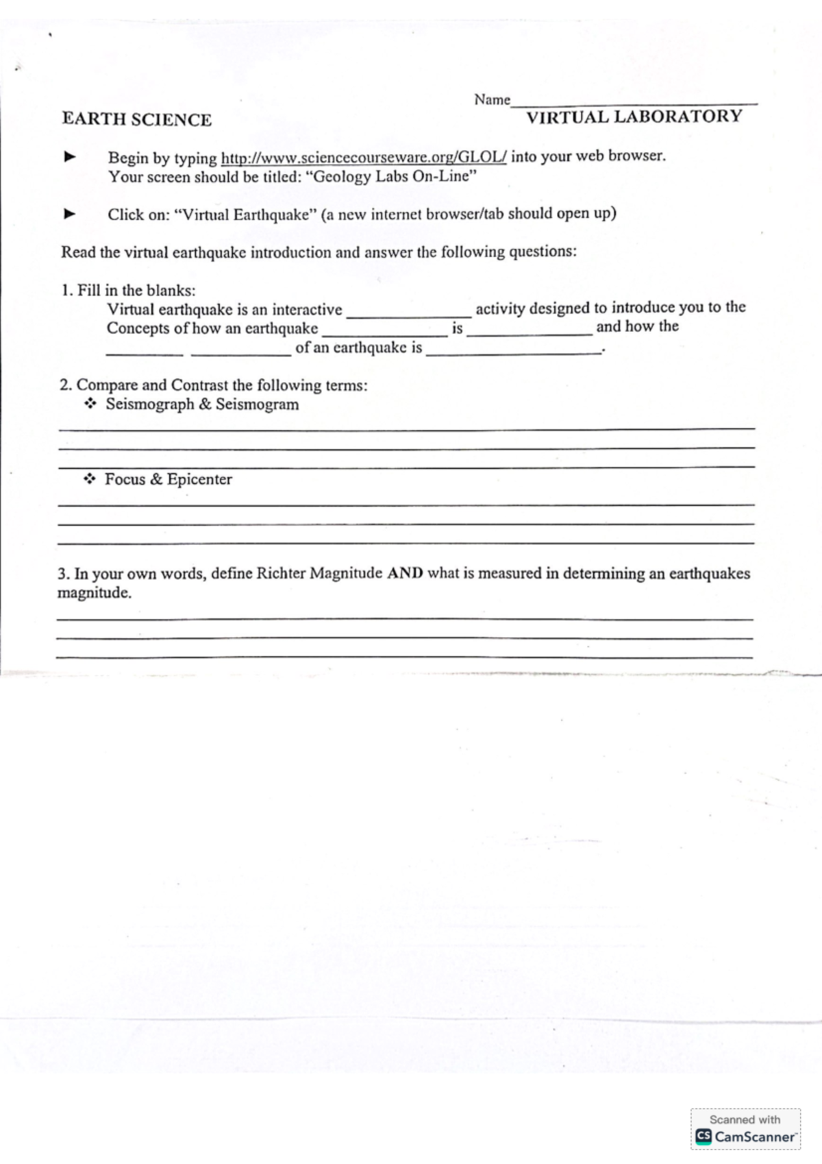 Earthquake online lab - .......... - Name EARTH SCIENCE VIRTUAL ...