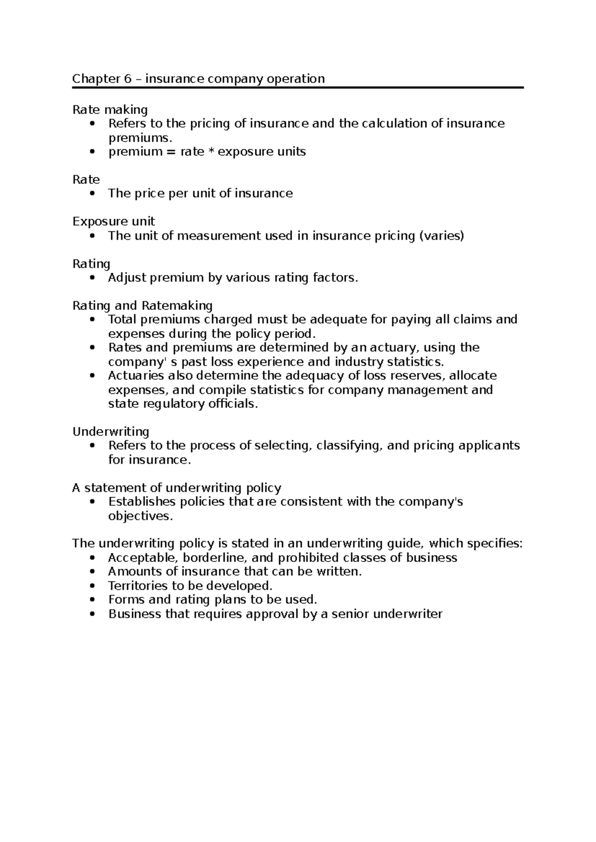 Chapter 6 - Summary Risk Management - Chapter 6 – insurance company ...