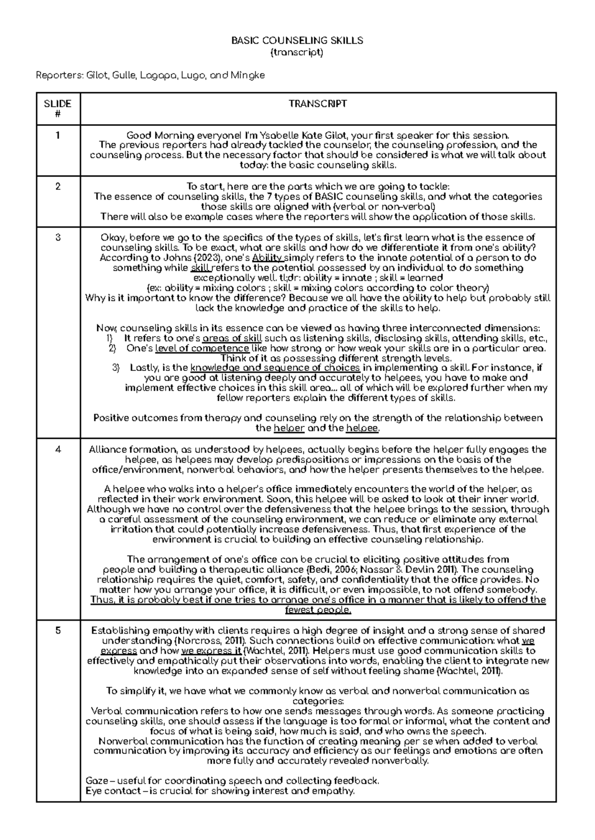 Transcript Basic Skills in Counseling - BASIC COUNSELING SKILLS ...