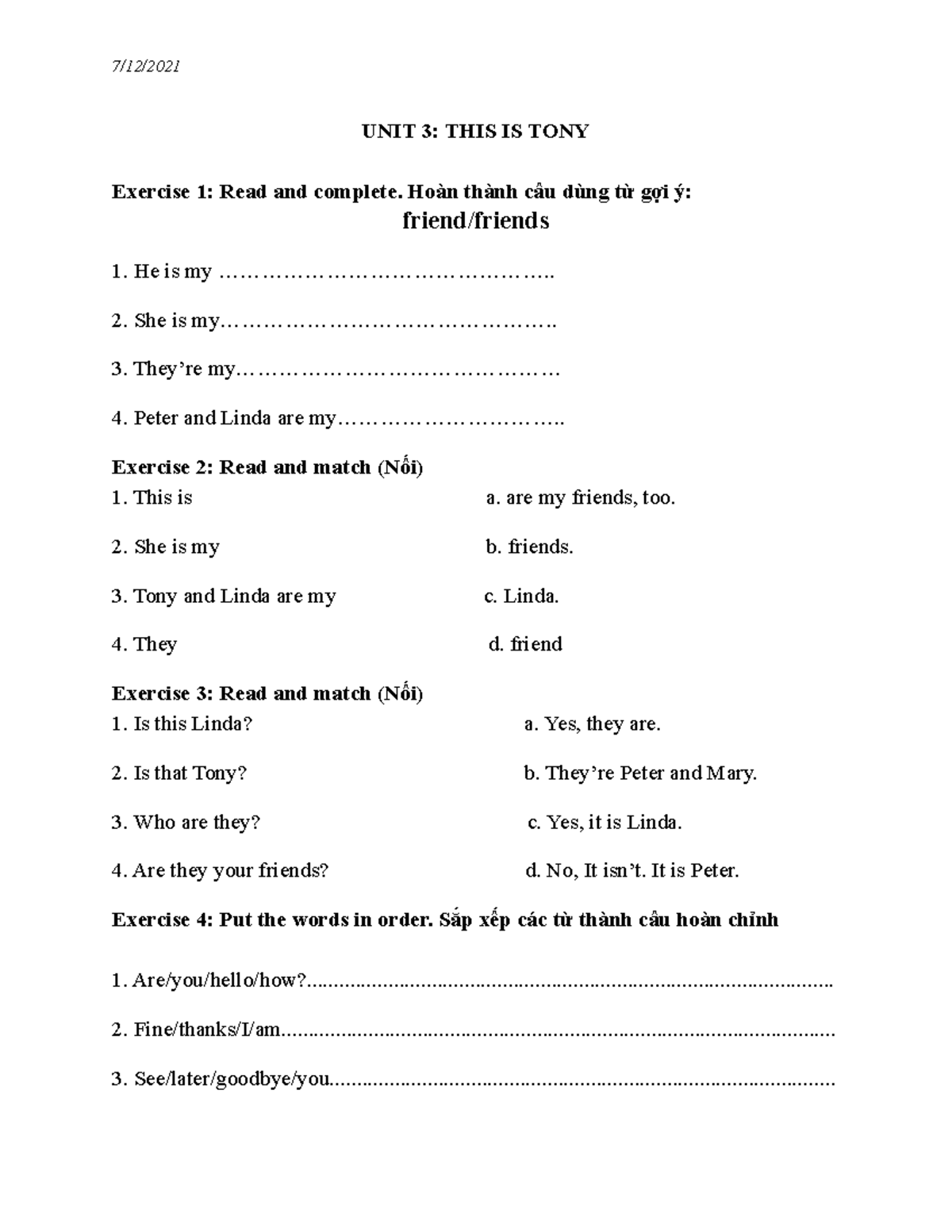 UNIT 3 - practice - UNIT 3: THIS IS TONY Exercise 1: Read and complete ...