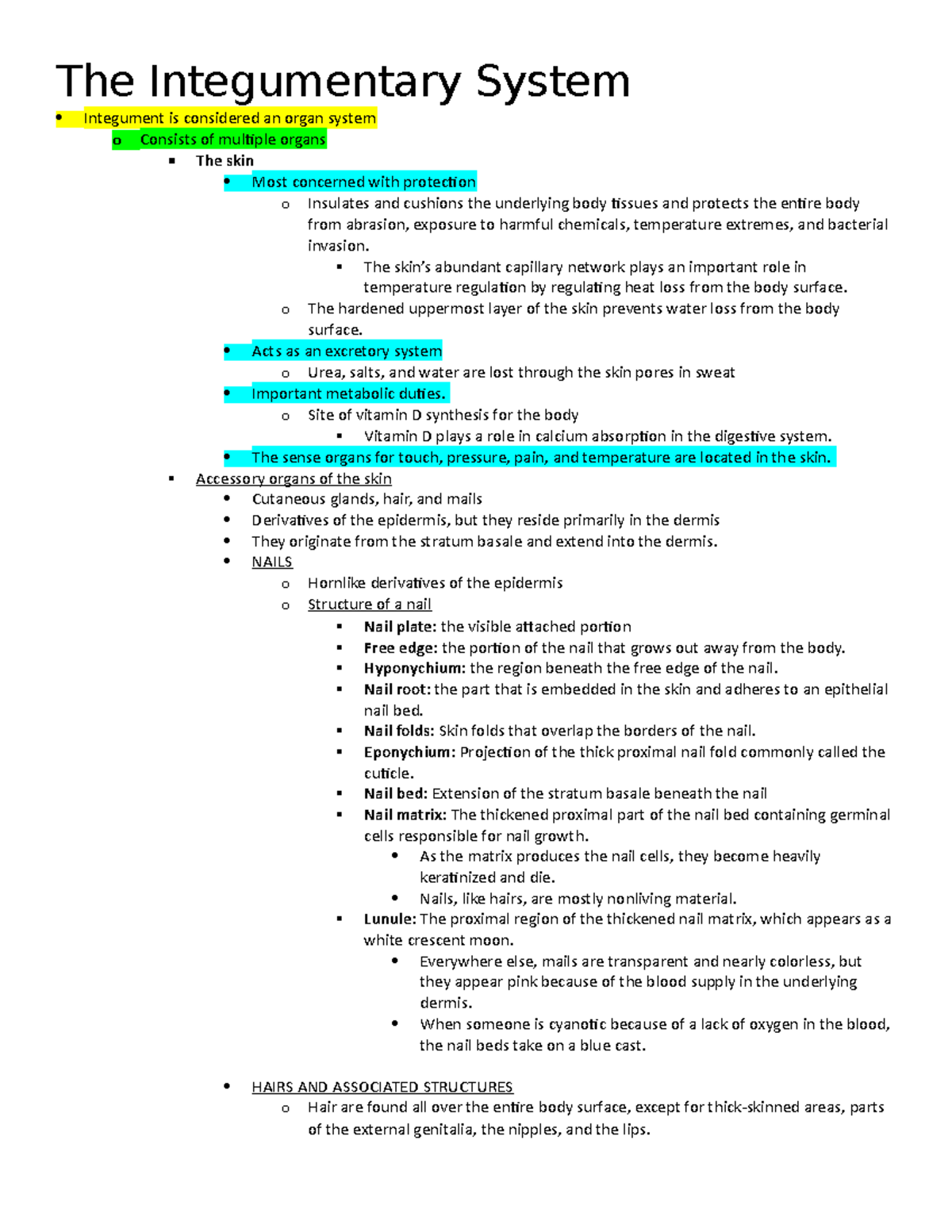 Integumentary System - Lecture notes 10-11 - The Integumentary System ...