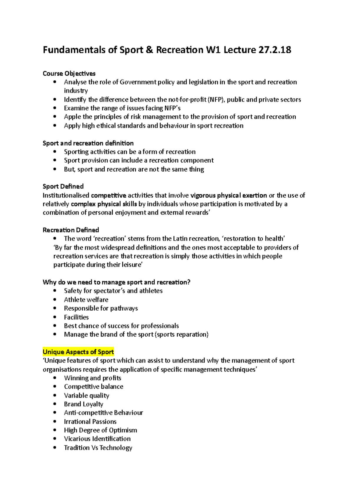 Fundamentals of Sport and Recreation W1 Lecture - Fundamentals of Sport ...
