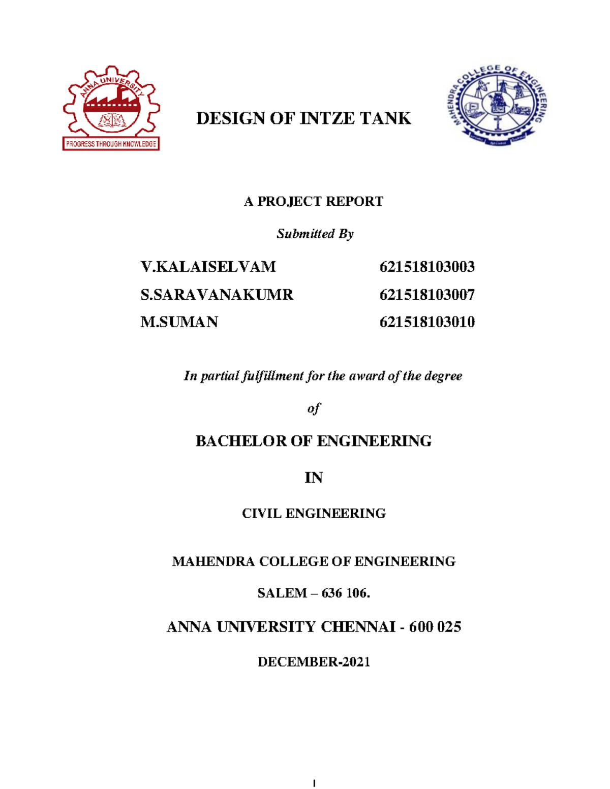 Intze Water TANK - DESIGN OF INTZE TANK A PROJECT REPORT Submitted By V ...
