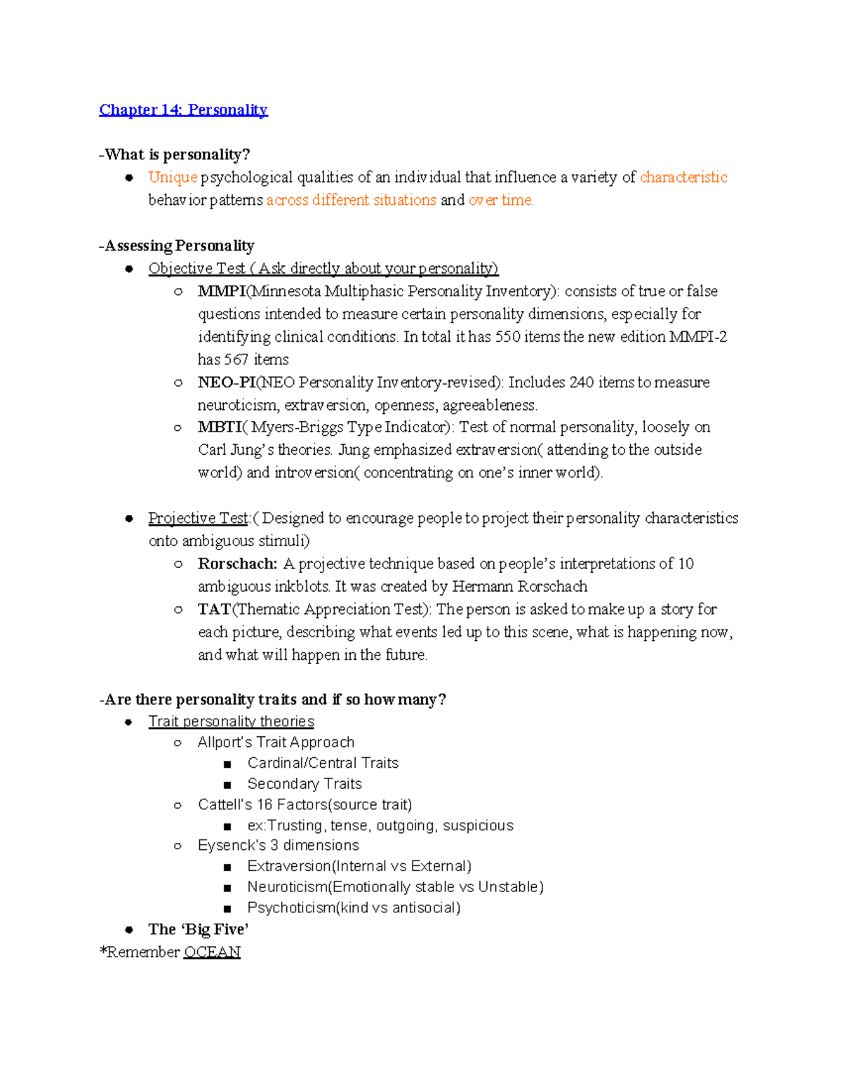 Psych Exam 2 Study Guide - Chapter 14: Personality is personality ...