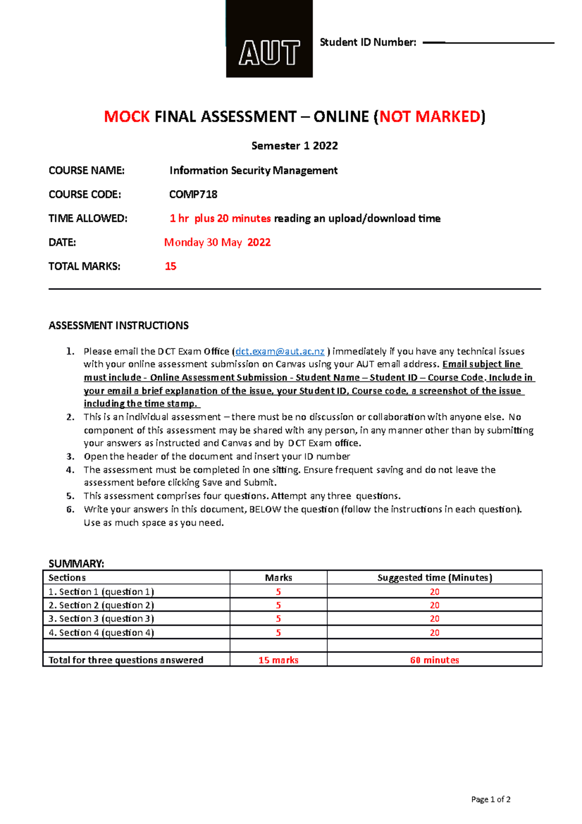 COMP718 1 2022 MOCK exam - Student ID Number: MOCK FINAL ASSESSMENT ...