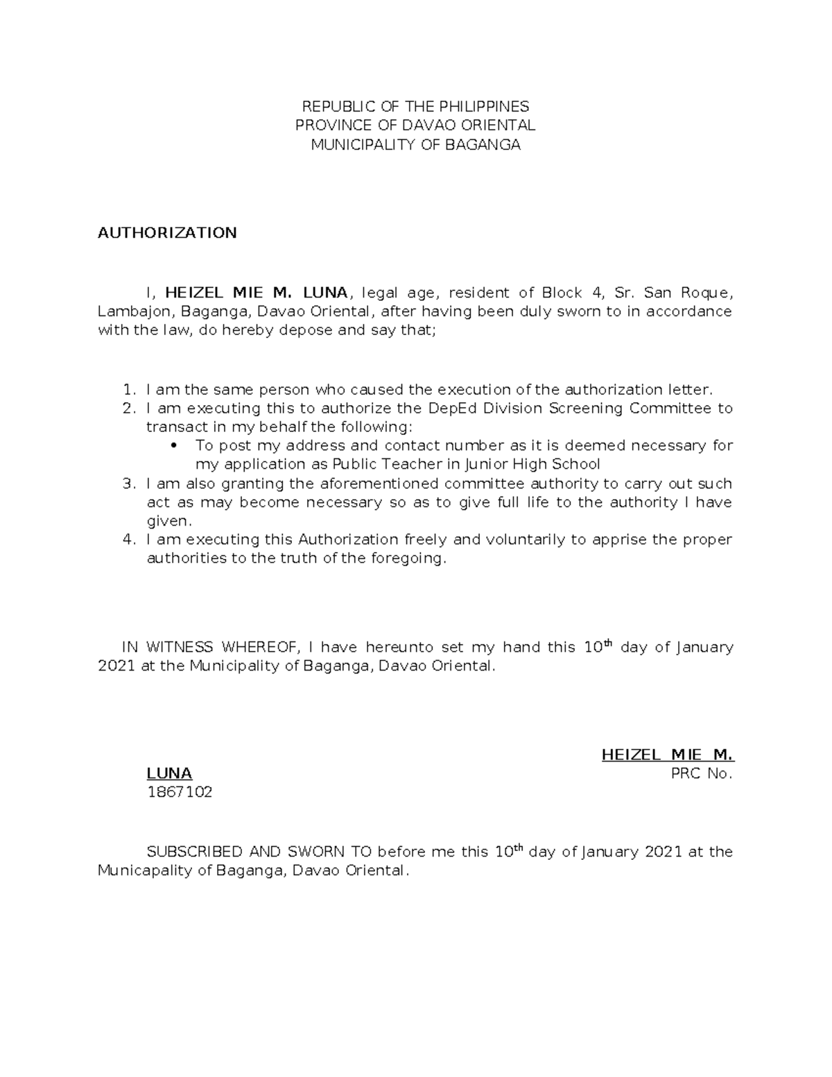 Authorization - REPUBLIC OF THE PHILIPPINES PROVINCE OF DAVAO ORIENTAL MUNICIPALITY OF BAGANGA ...