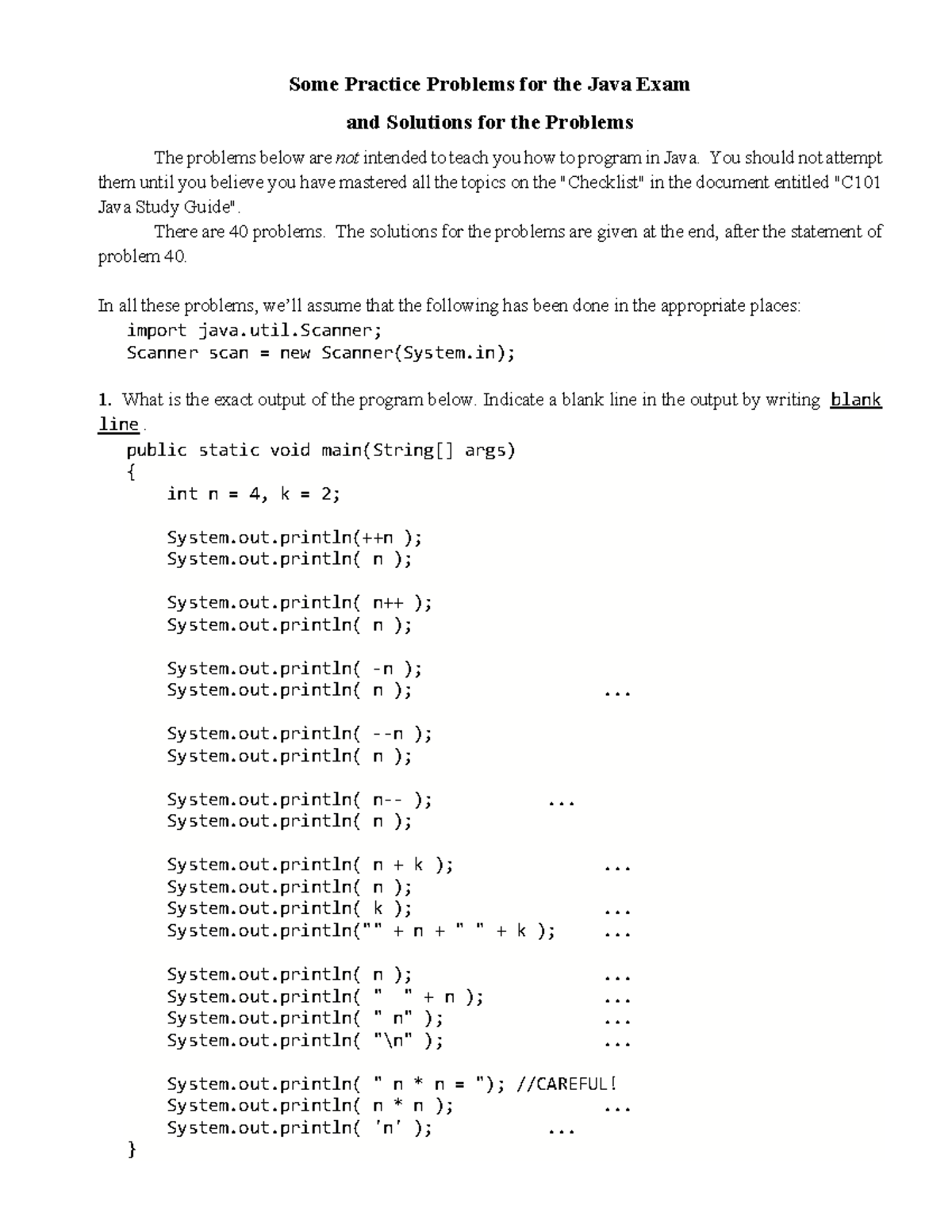 C101-Practice Problems - Some Practice Problems for the Java Exam and ...