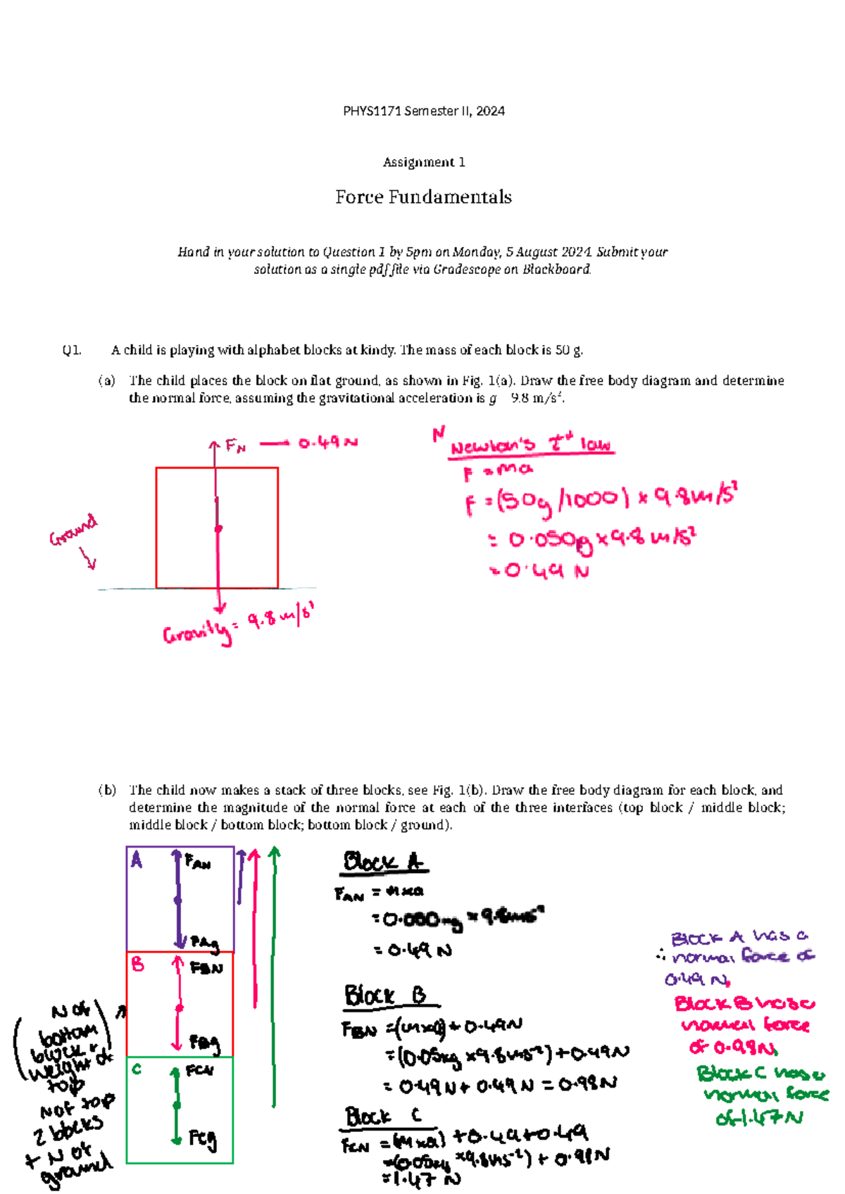 PHYS1171 A1 - 100/100 - PHYS1171 Semester II, 2024 Assignment 1 Force ...