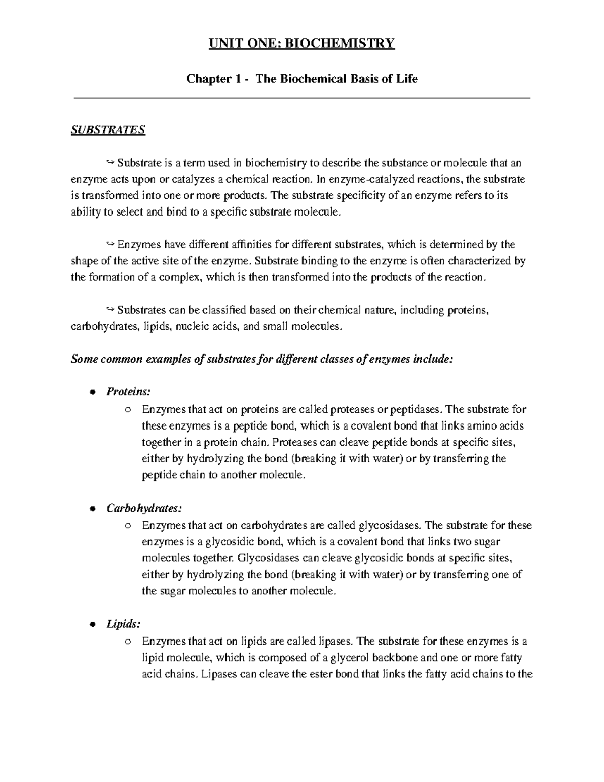 Biochemistry Chapter 1 Section 7 Substrates - UNIT ONE: BIOCHEMISTRY ...