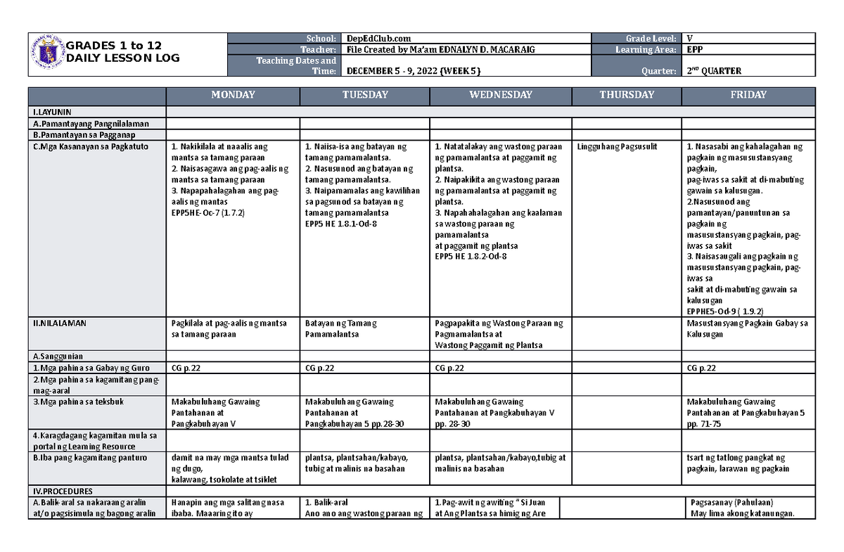 DLL EPP 5 Q3 W5 - none - GRADES 1 to 12 DAILY LESSON LOG School: DepEdClub Grade Level: V ...