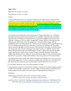 Topic 8 DQ 2 - assignment - Topic 8 DQ 1 How does teaching for social ...