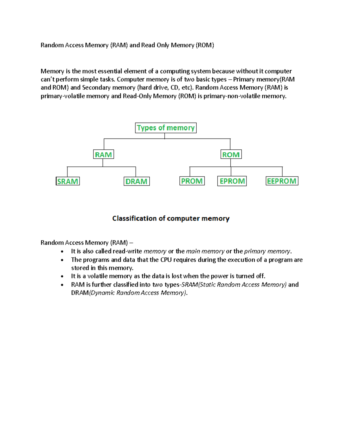 RAM and ROM - Random Access Memory (RAM) and Read Only Memory (ROM ...