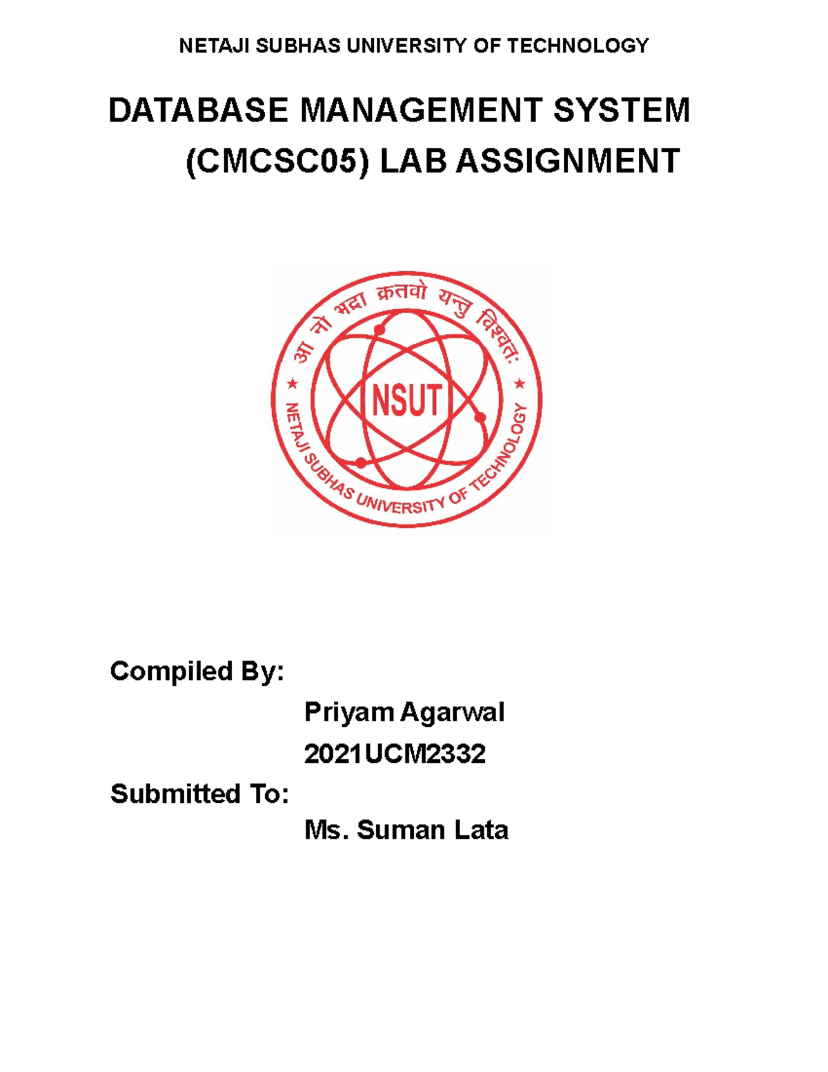 Priyam Agarwal Dbms File Netaji Subhas University Of Technology Database Management System