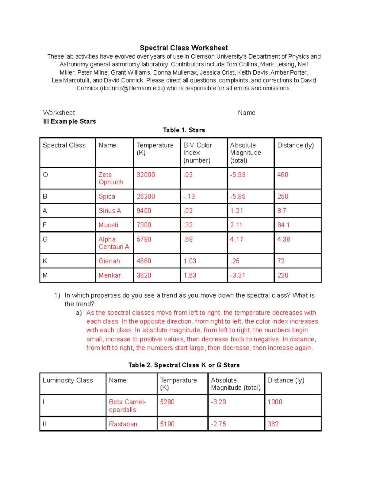 Spectral Classes Worksheet - Spectral Class Worksheet These lab ...