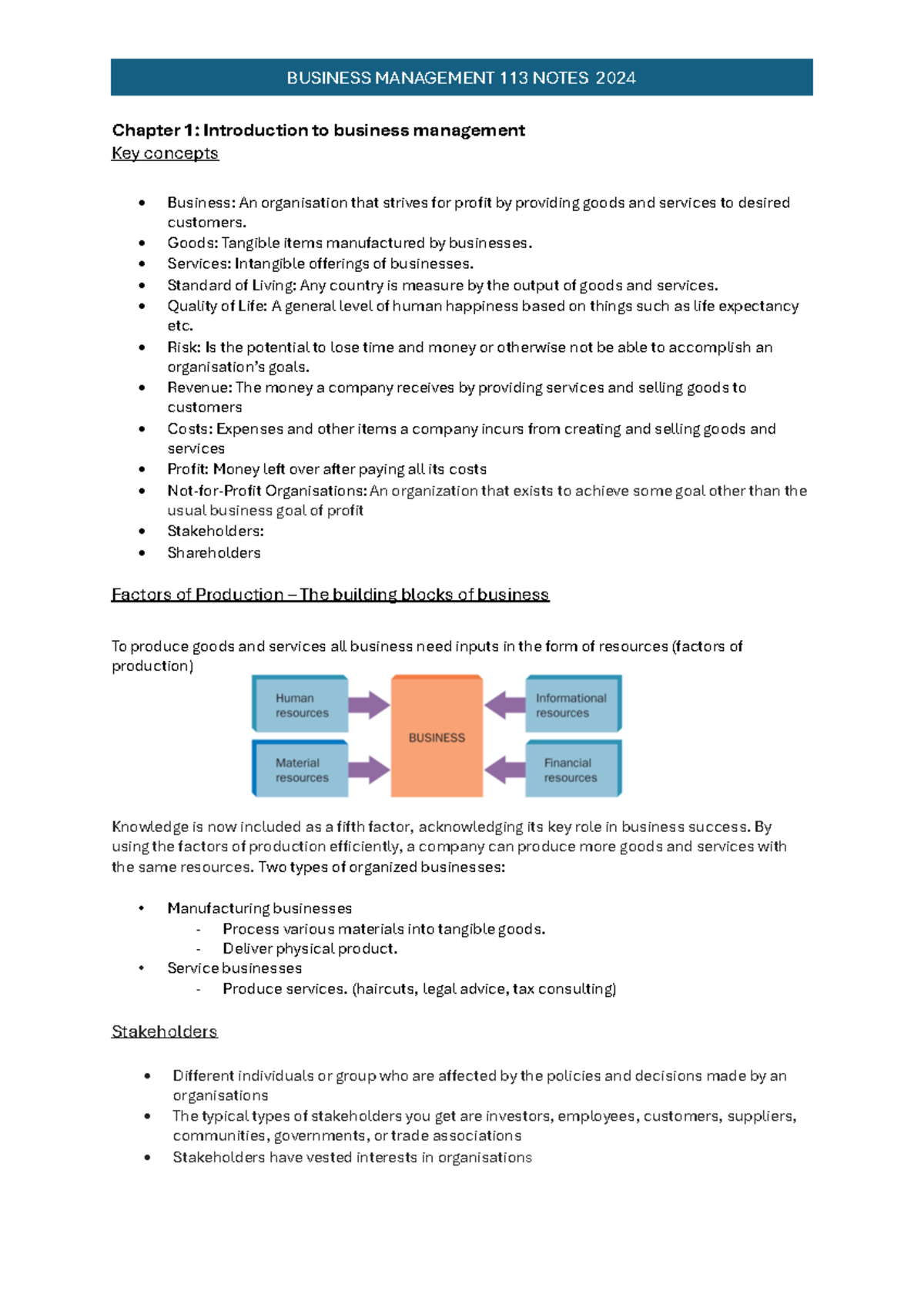 Business Management Notes 113 - Chapter 1: Introduction to business ...