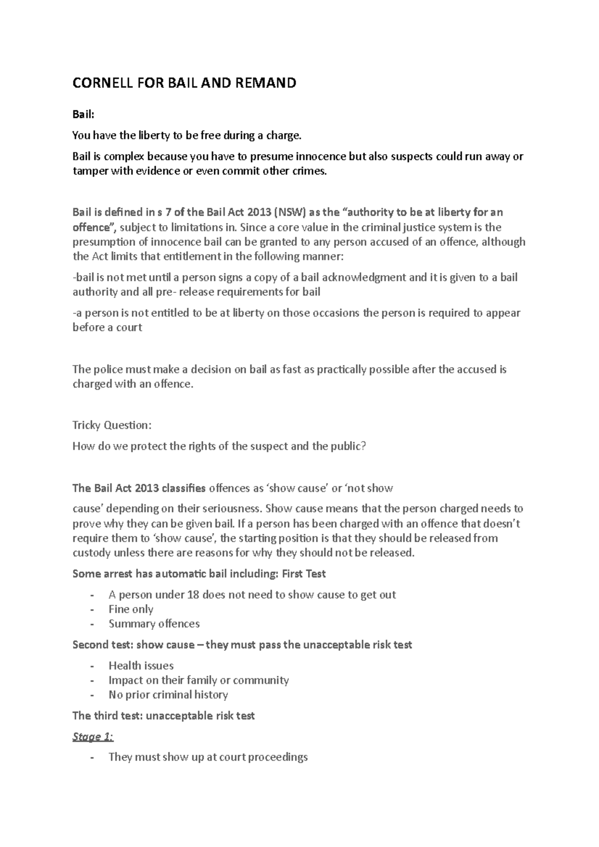 Bail and Remand - notes - CORNELL FOR BAIL AND REMAND Bail: You have ...