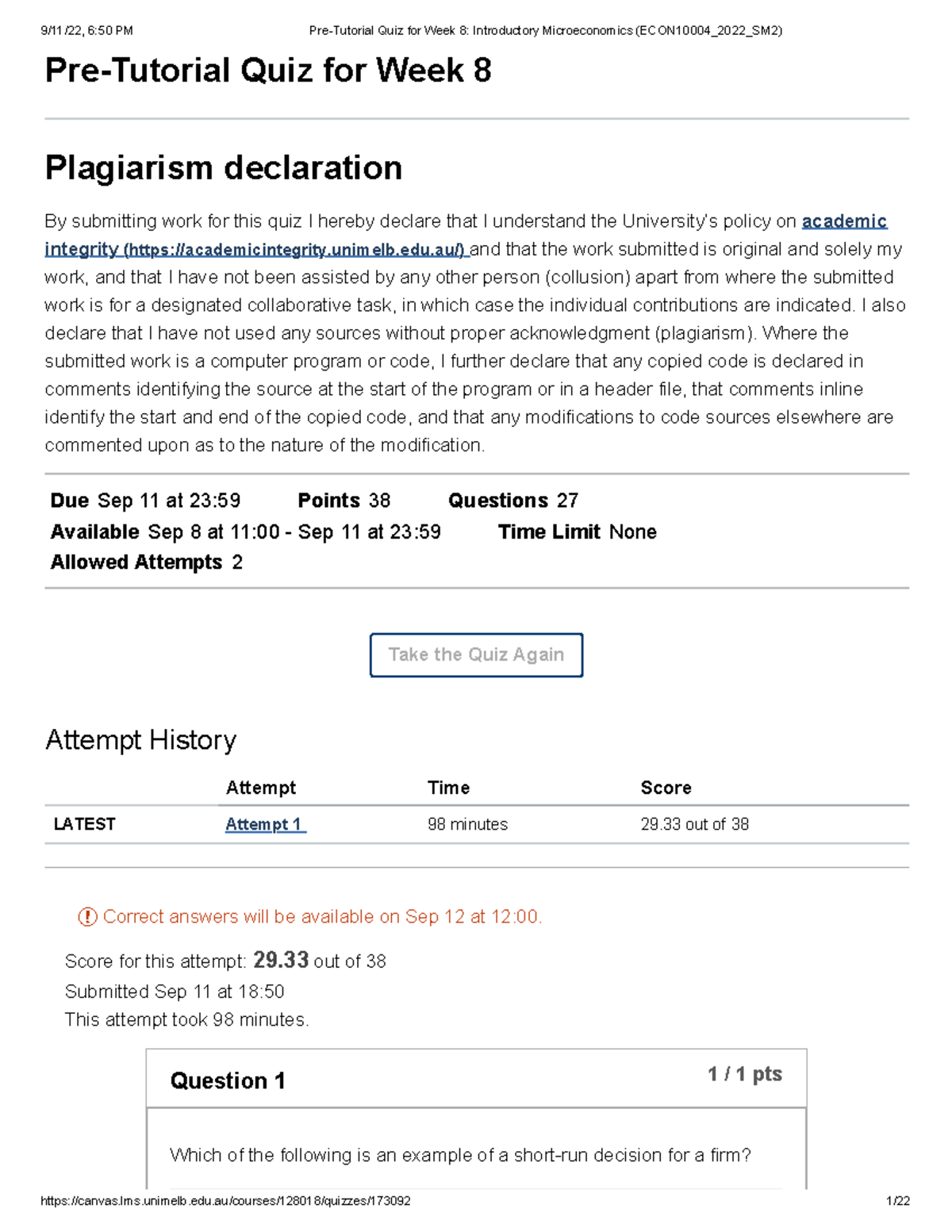 Pre-Tutorial Quiz for Week 8 Introductory Microeconomics (ECON10004 2022 SM2) - Pre-Tutorial ...