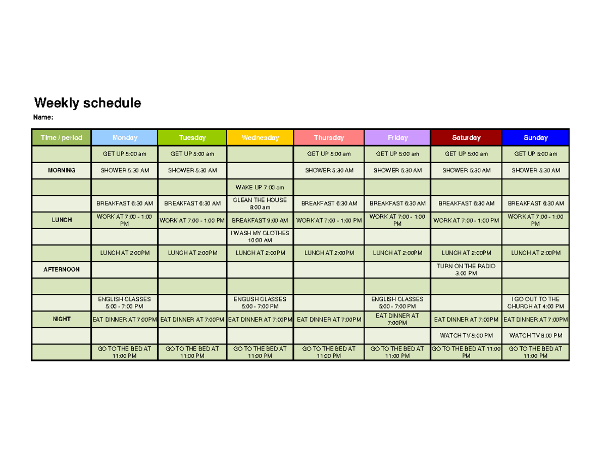Weekly schedule monday to friday in color - Weekly schedule Name: Time ...