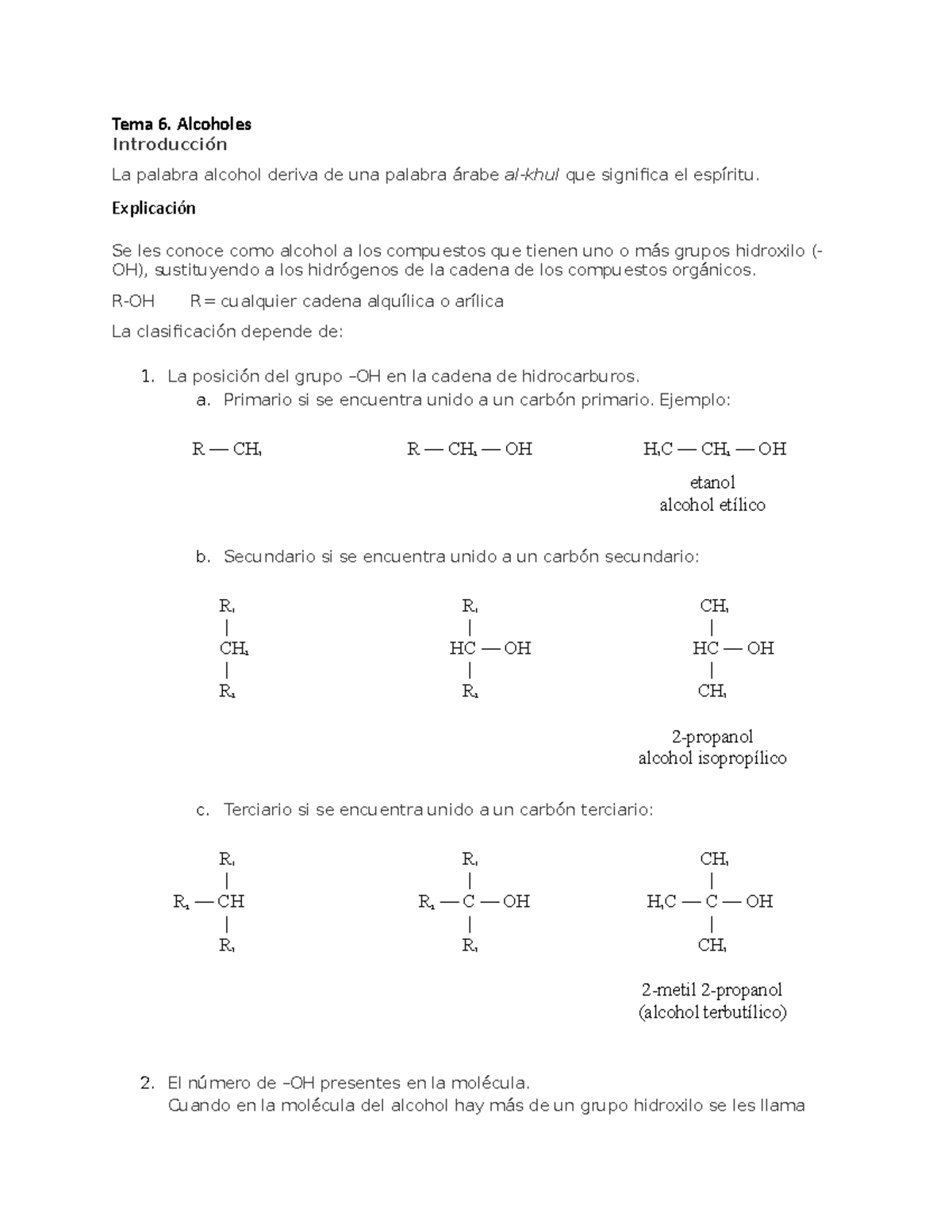 Guia carbono - Tema 6. Alcoholes Introducción La palabra alcohol deriva ...