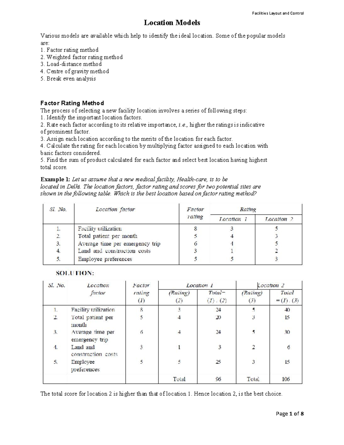 Location models - Lecture notes 1 - Facilities Layout and Control ...