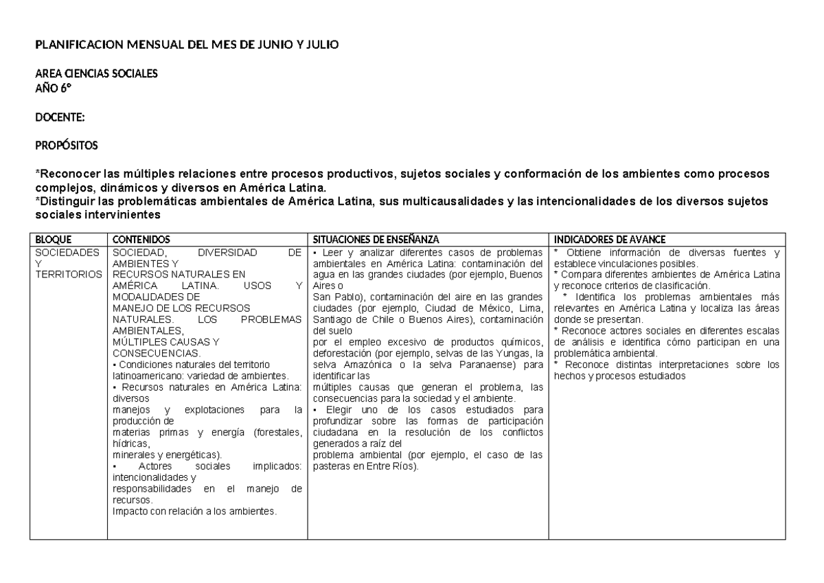 Planificacion Mensual DEL MES DE Junio Y Julio. 2024 DE 6TO ...