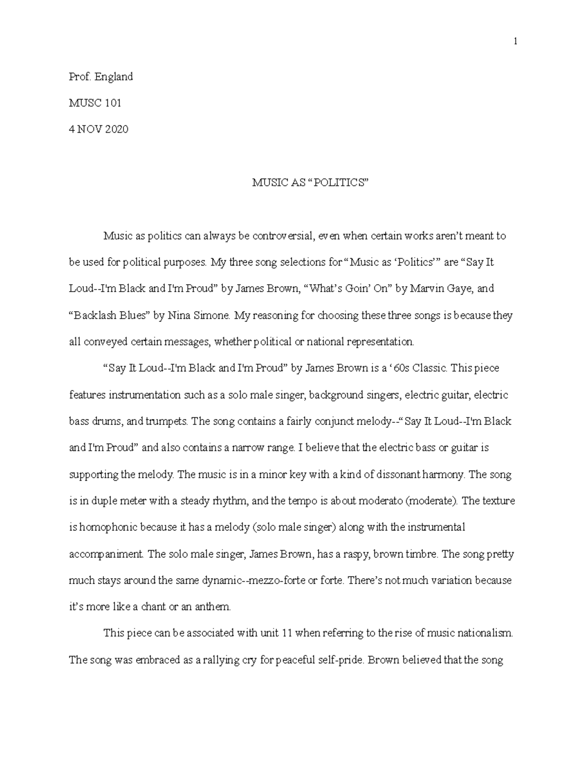 Music as Politics: Song Selections and Analysis - Studocu