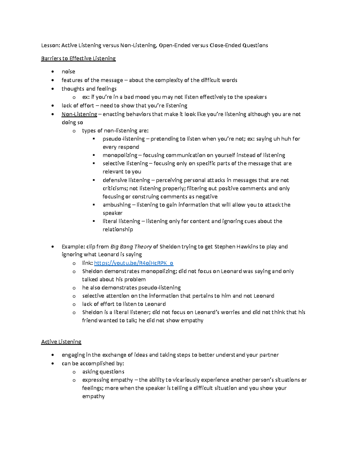 Active Listening versus Non-Listening, Open-Ended versus Close-Ended ...