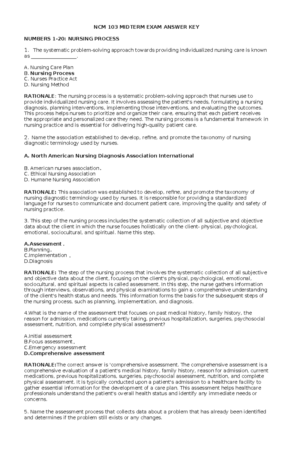 Ncm 103 Midterm Exam Answer Key Ncm 103 Midterm Exam Answer Key Numbers 1 20 Nursing Process