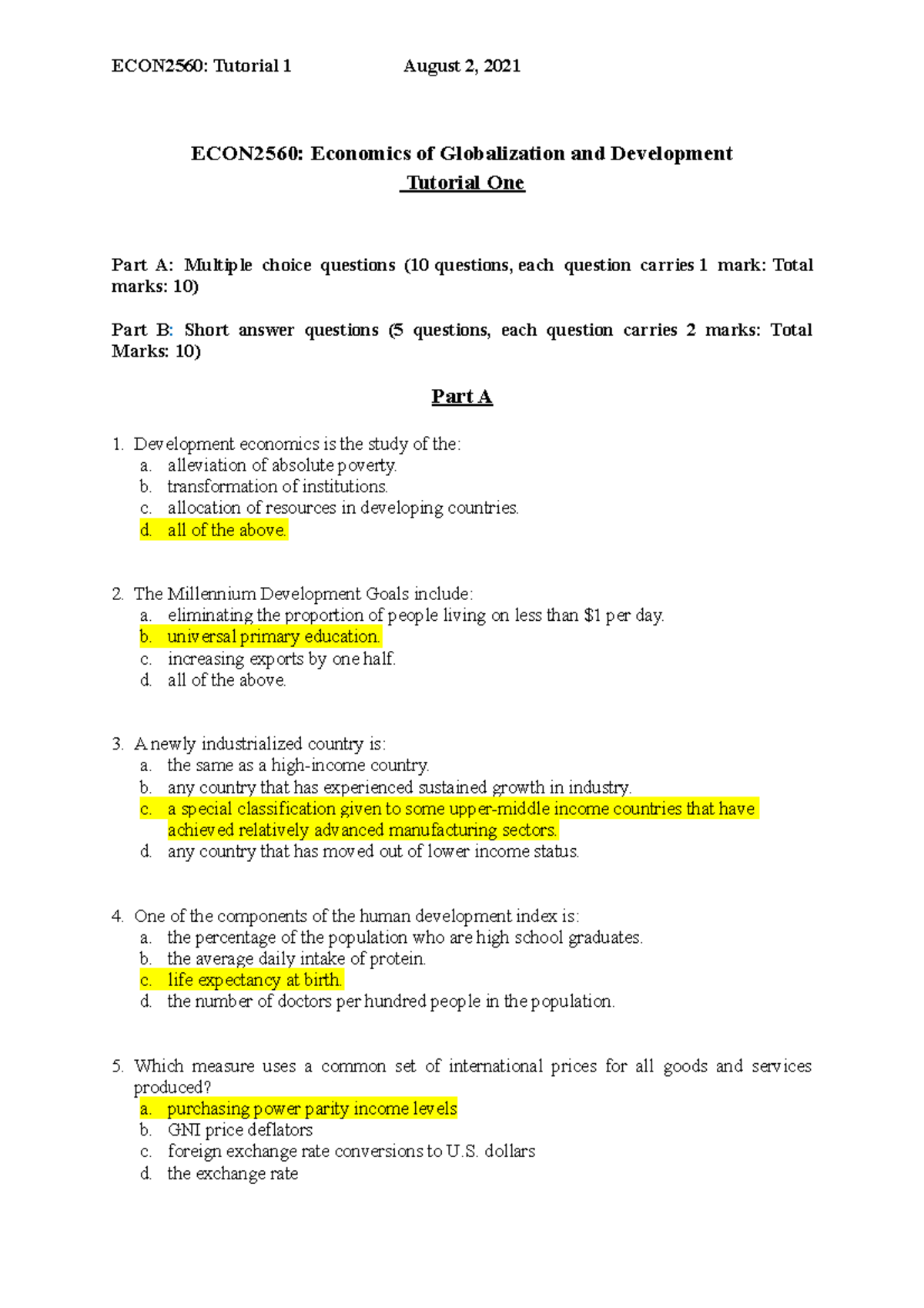 ECON2560 - Tutorial 1 - ECON2560: Economics of Globalization and ...